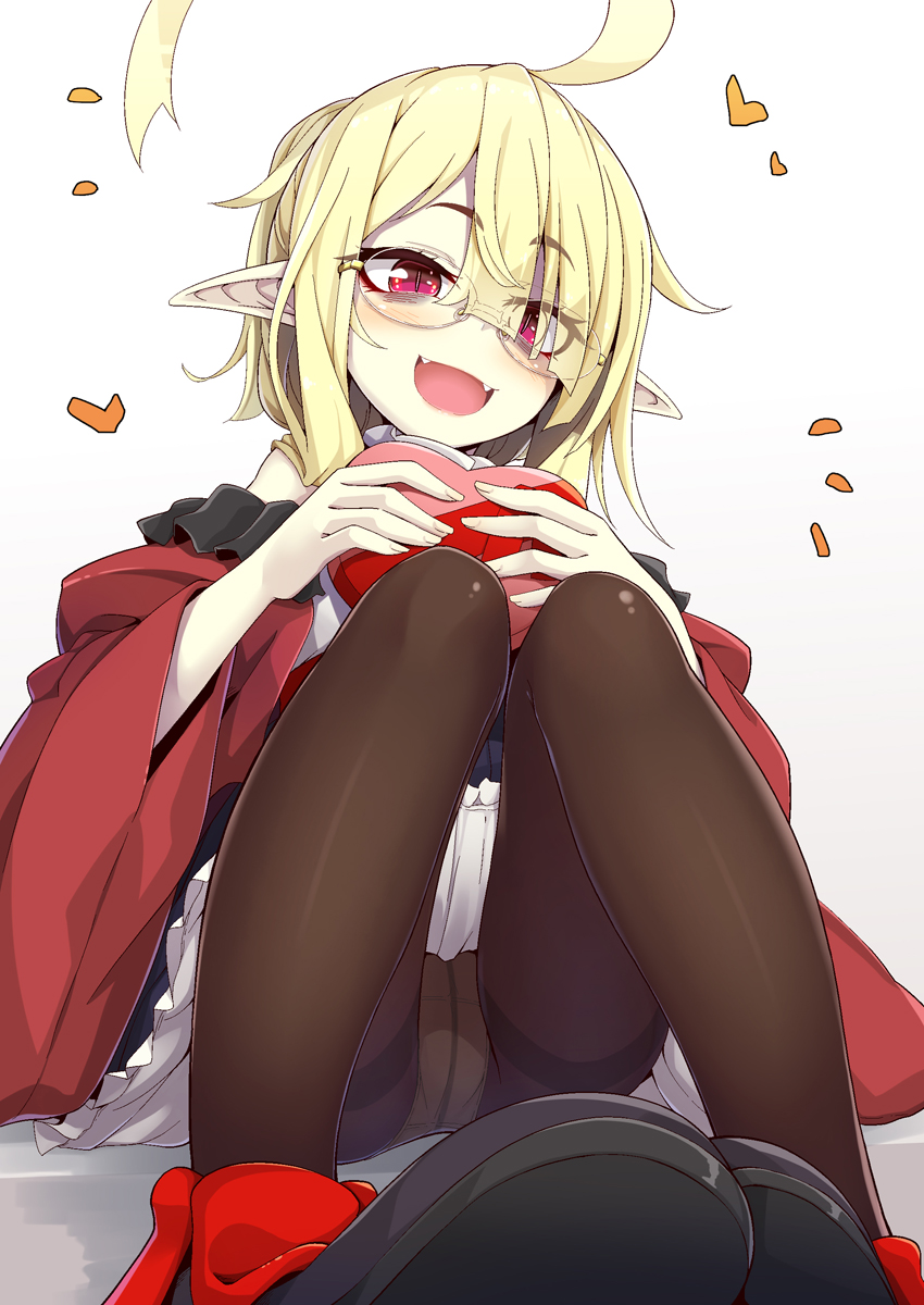 Safebooru - 1girl :d ahoge bangs black footwear black skirt blonde hair box brown legwear ...