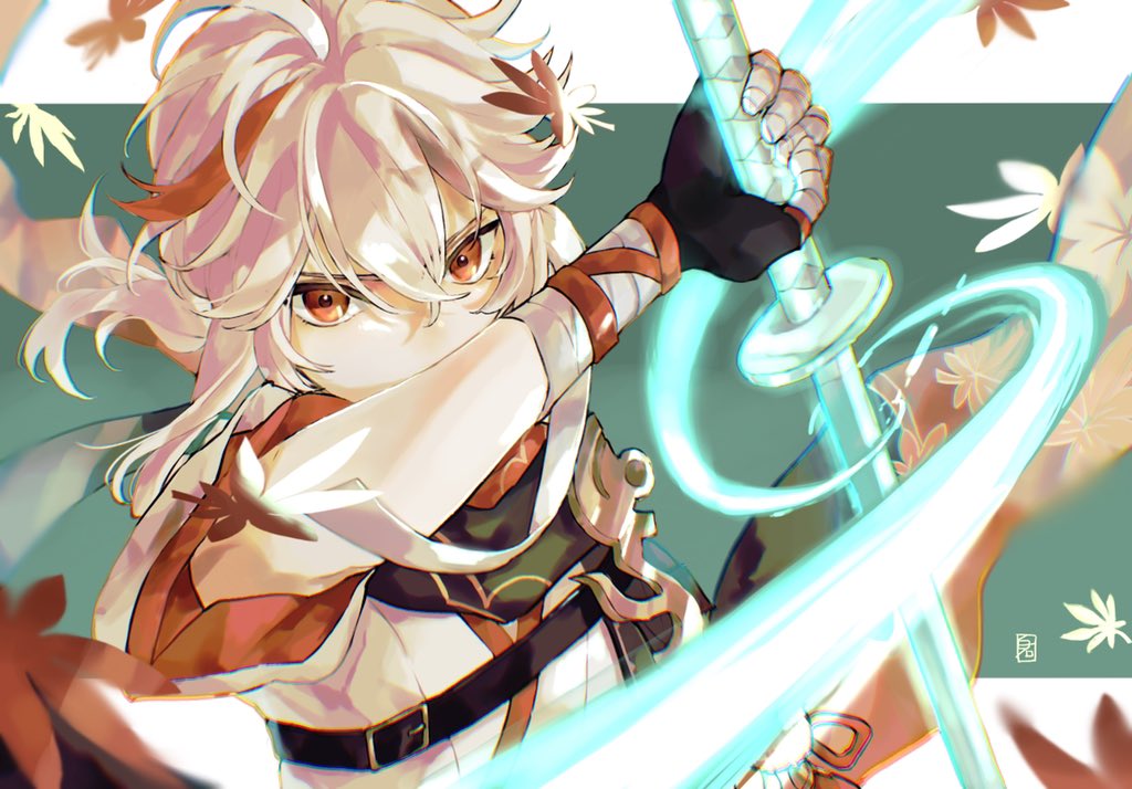 Safebooru - 1boy ahoge autumn leaves bandaged hand bandages bangs black gloves commentary ...