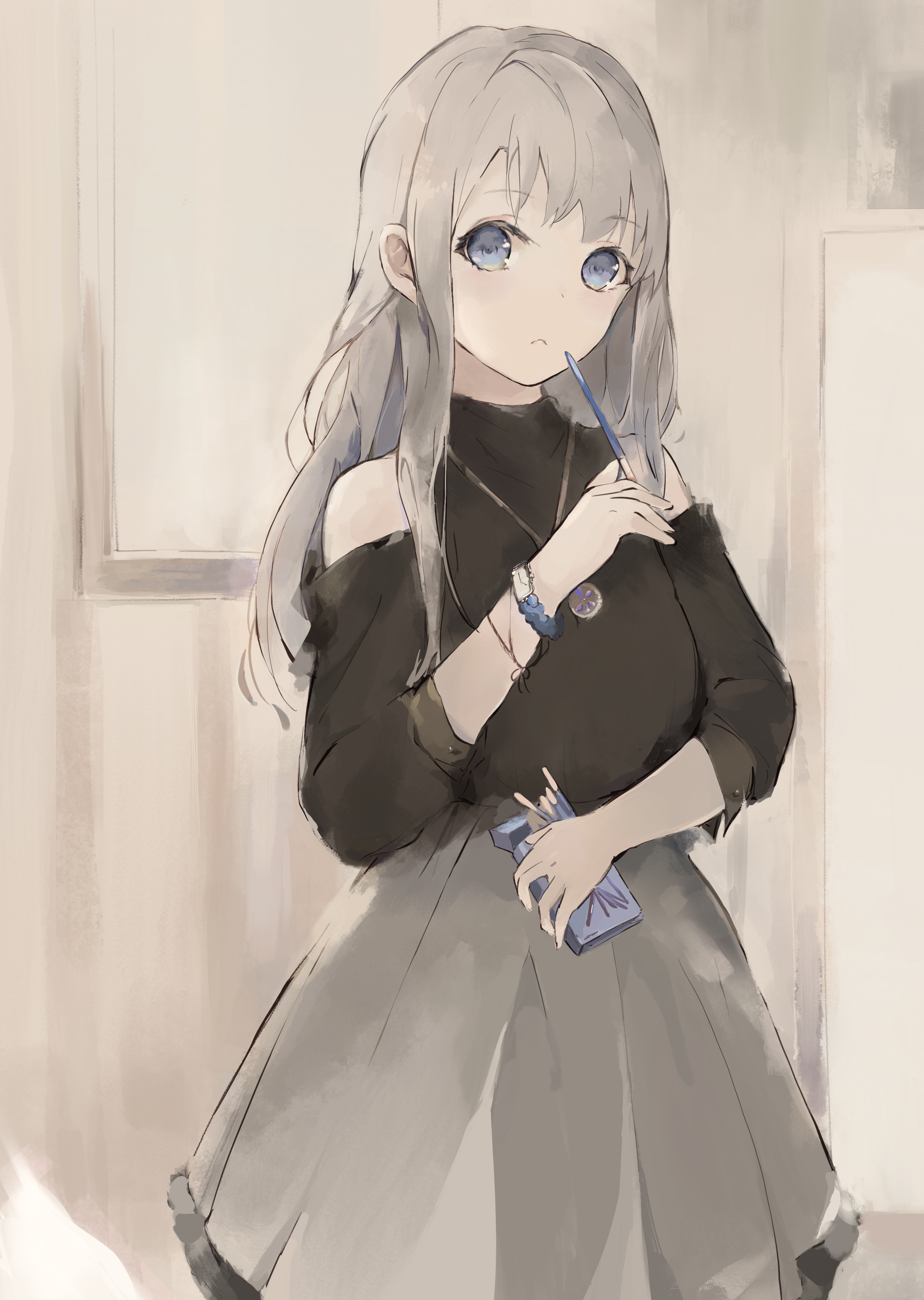 Safebooru - 1girl absurdres bangs bare shoulders black skirt blue eyes ...