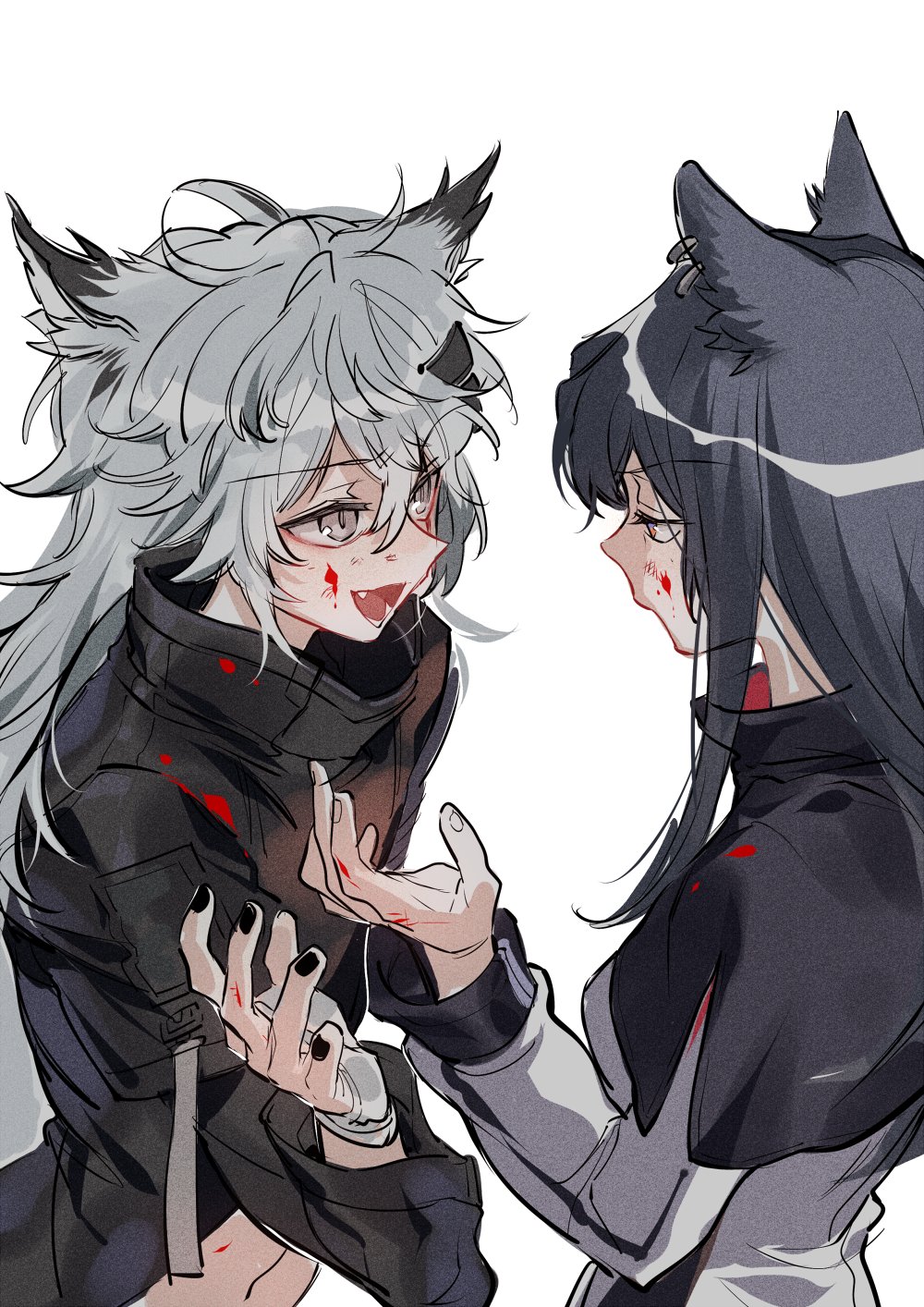 Safebooru - 2girls :d animal ears arknights black hair black nails blood brown eyes fang ...