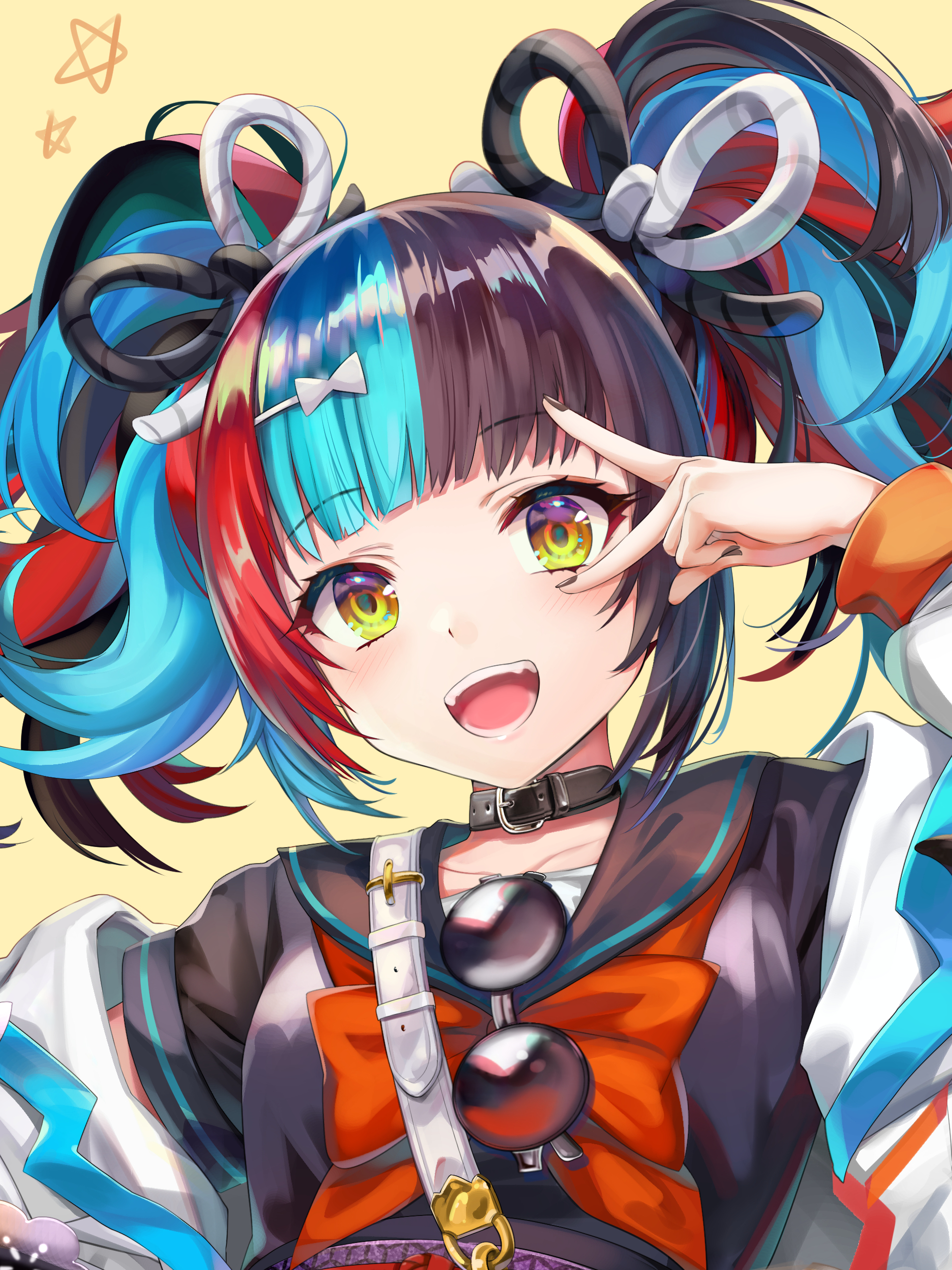 Safebooru - 1girl :d absurdres belt collar black hair blue hair collar ...