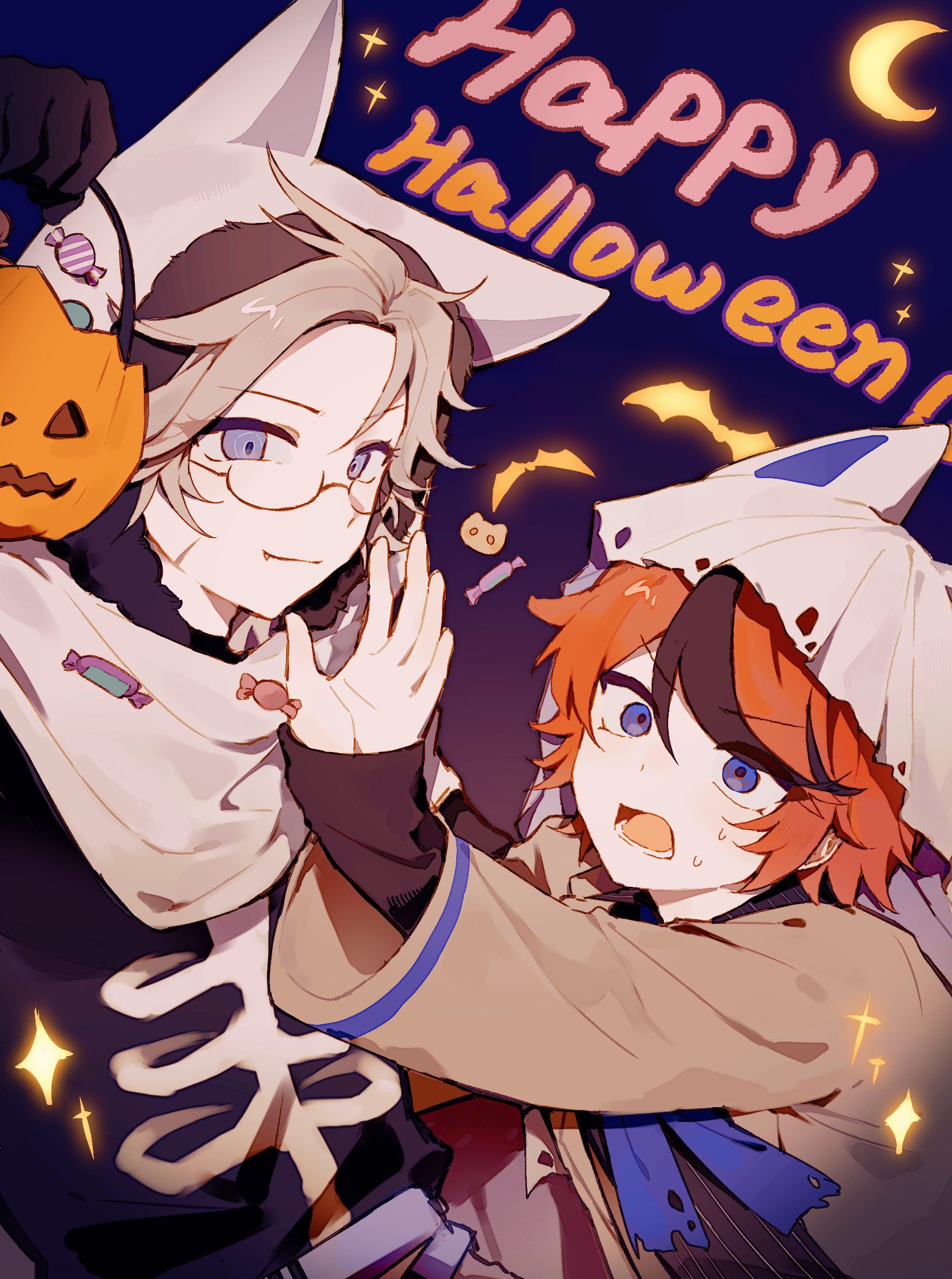 Safebooru - 2boys absurdres animal ear hood aotsuki eito black gloves ...