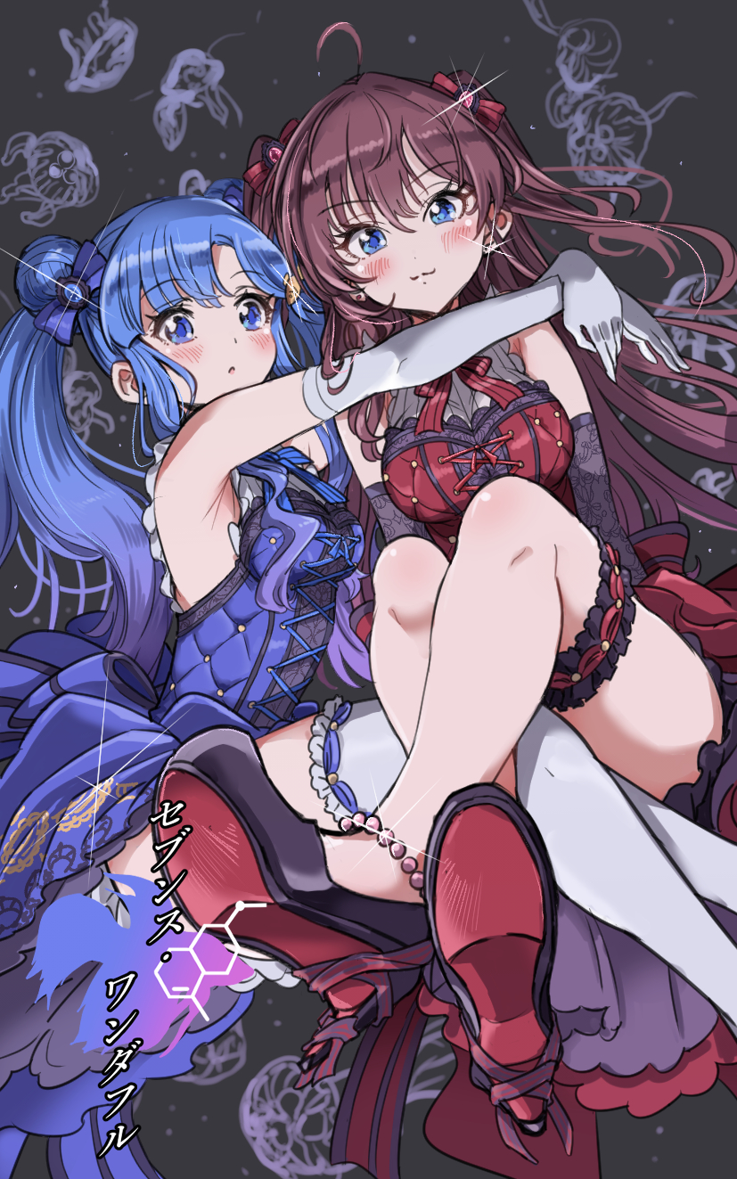 Safebooru - 2girls :3 ahoge asari nanami bangs black footwear black gloves blue bow blue dress ...