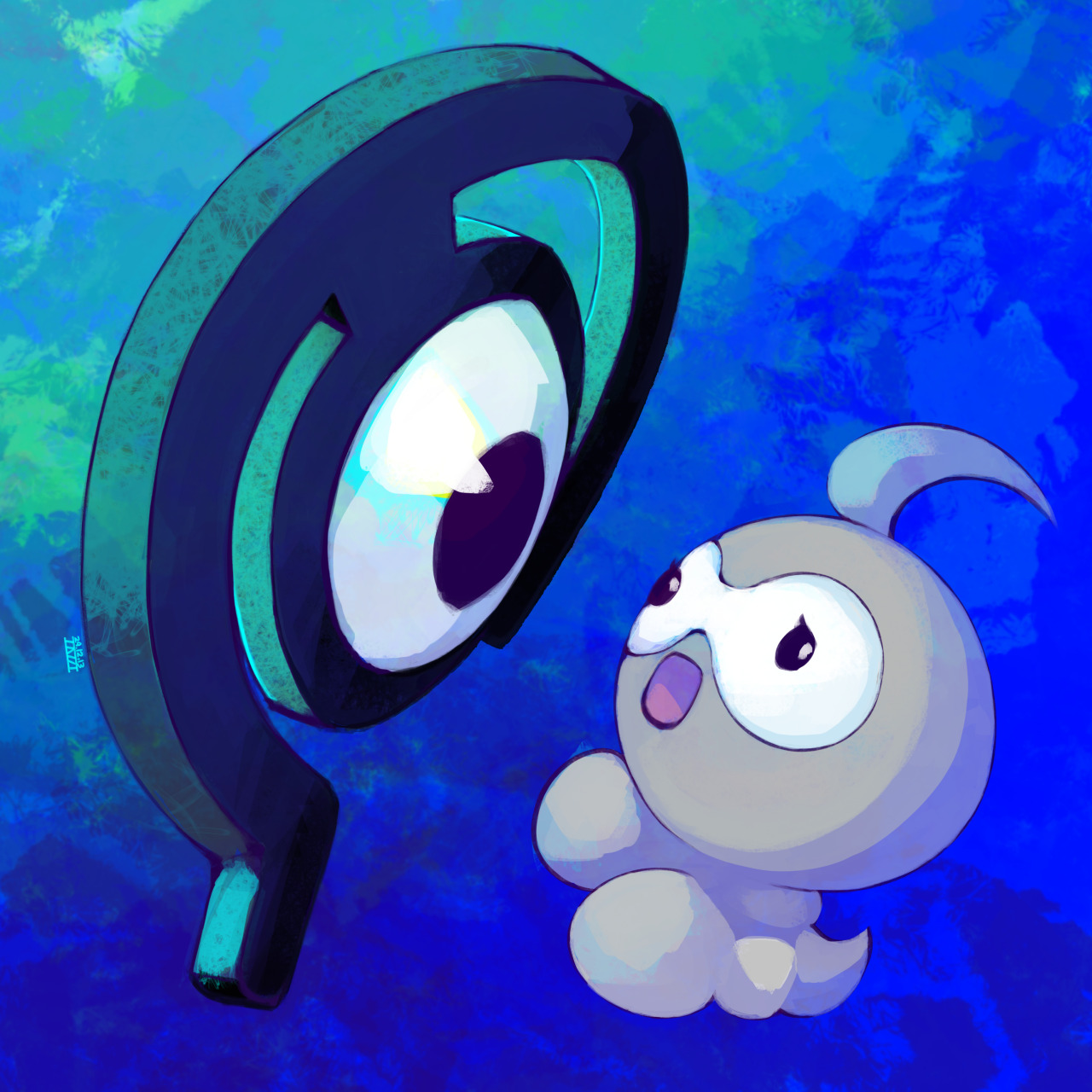 Safebooru - :o black eyes blue background castform commentary creature ...