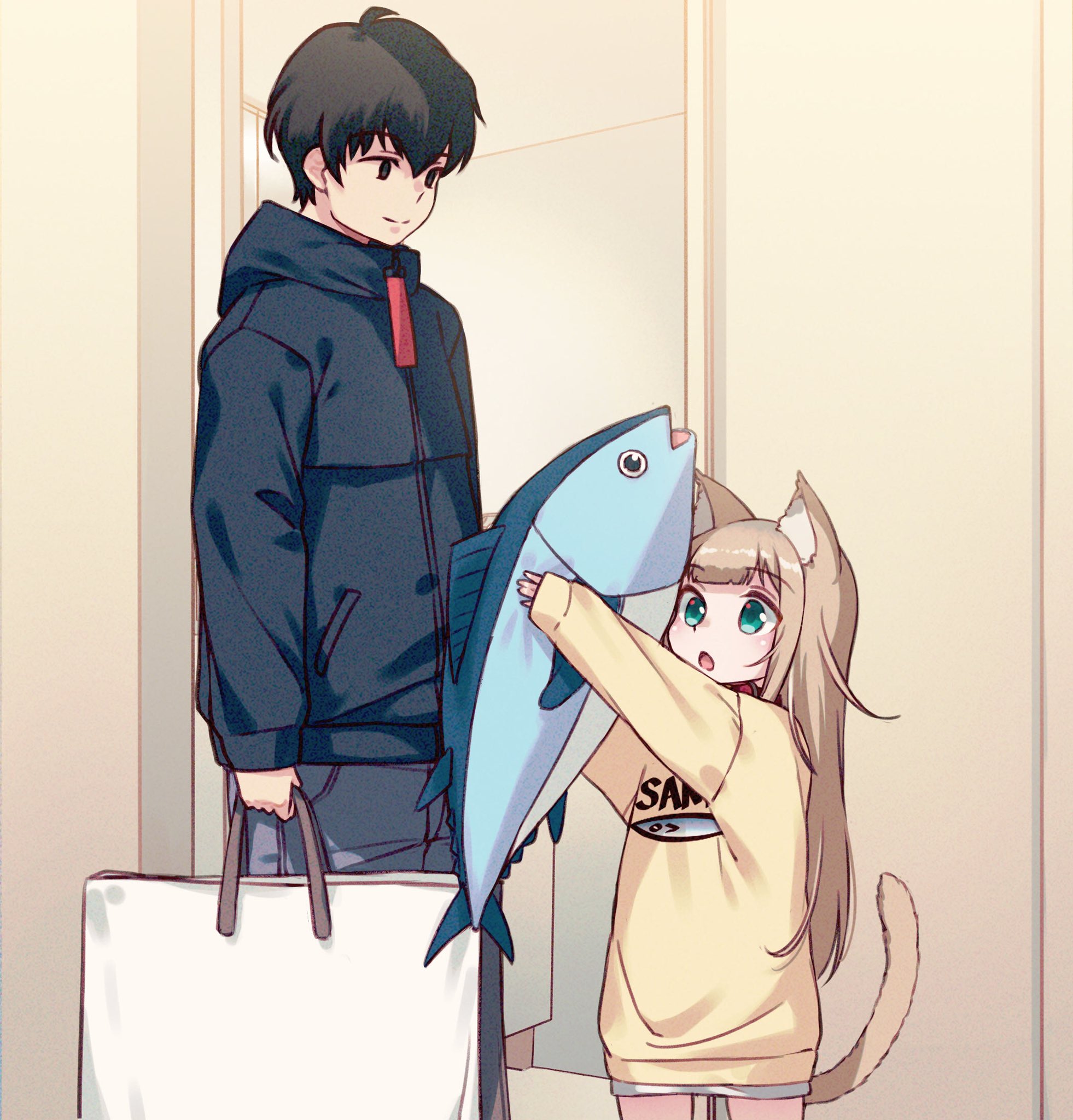 Safebooru - 1boy 1girl 40hara animal ear fluff animal ears aqua eyes bag bangs black hair blonde ...