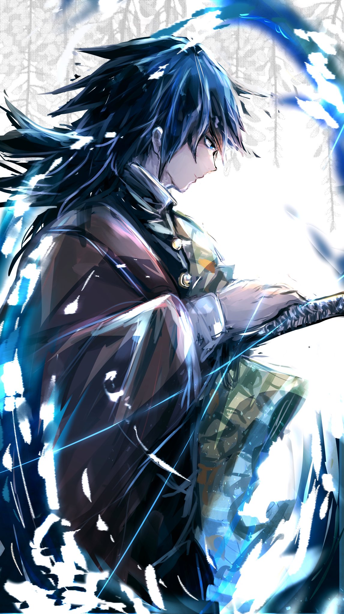 Safebooru - 1boy black hair forest haori highres holding holding sword ...
