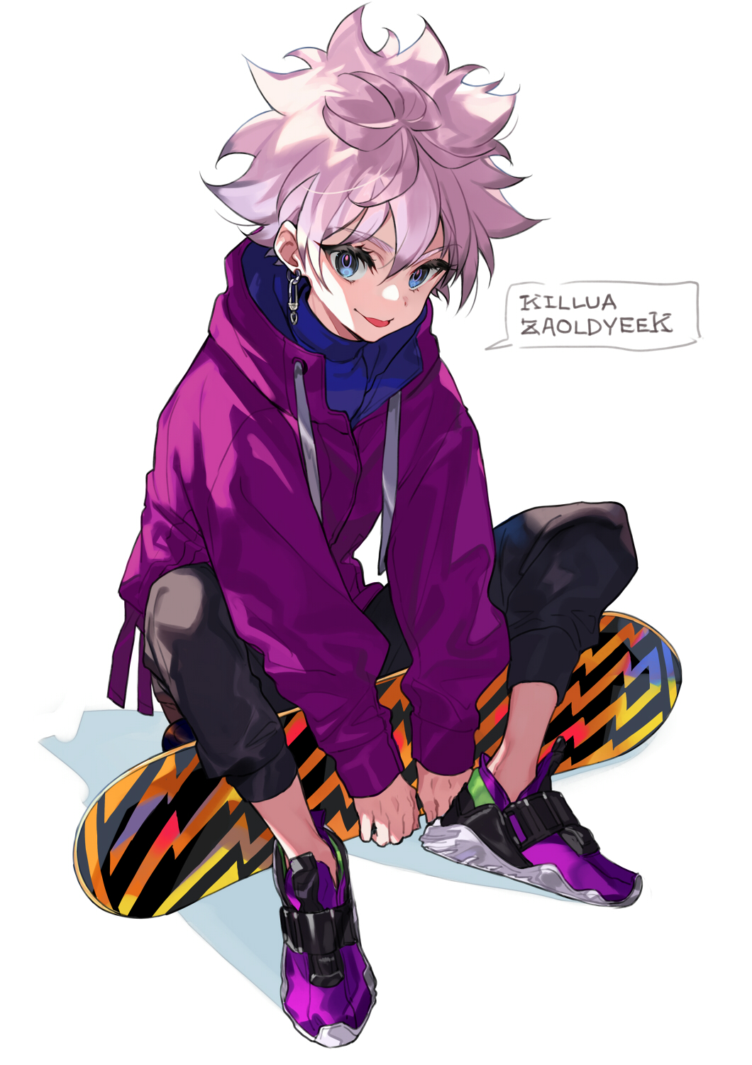 Safebooru - 1boy black pants blue eyes character name earrings highres ...