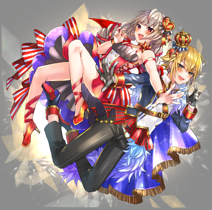 Safebooru - 1boy 1girl :d bangs bare shoulders belt belt buckle black jacket black pants blonde ...