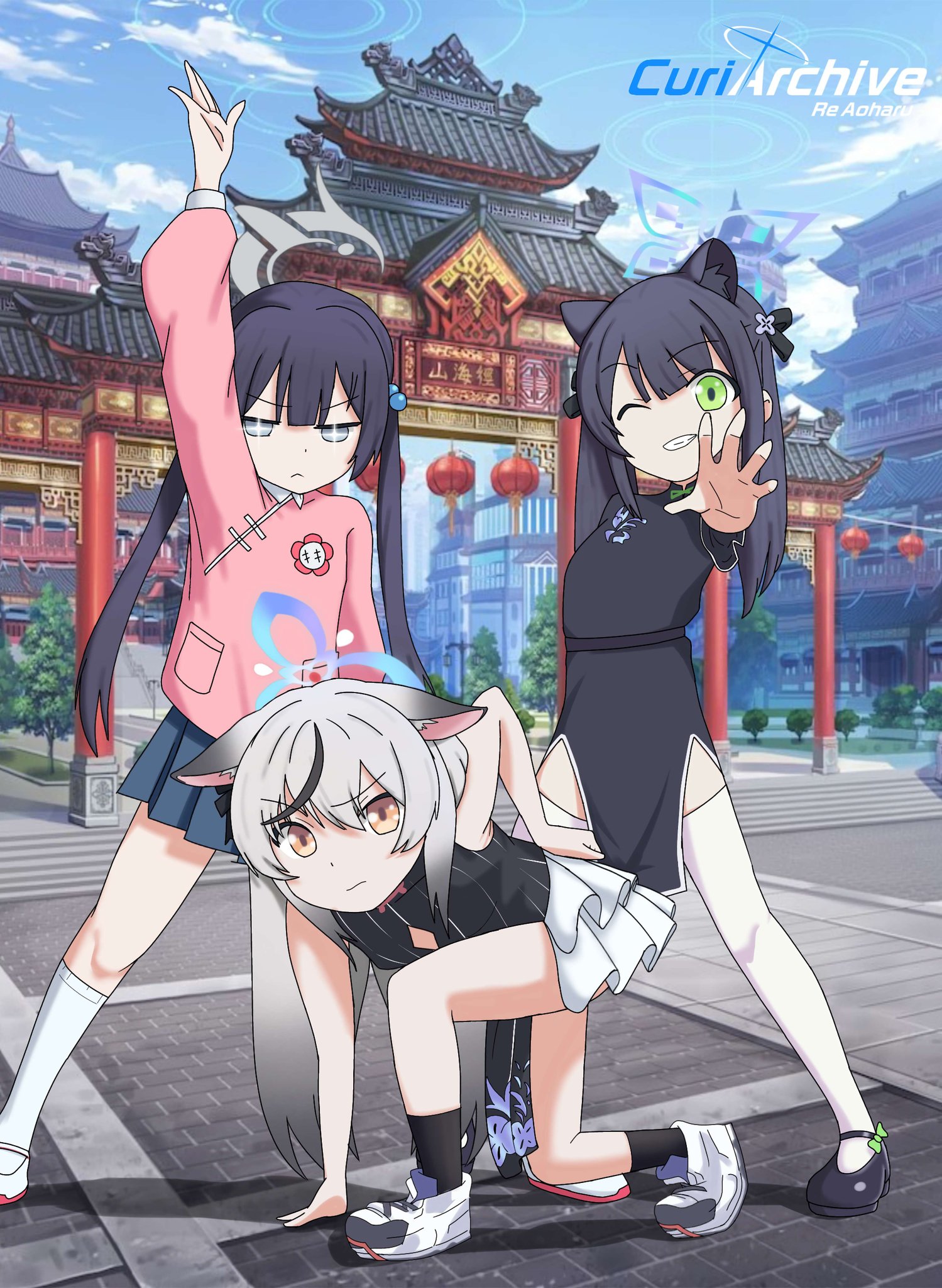 Safebooru - + + animal ear fluff animal ears arms up bare shoulders black dress black hair blue ...