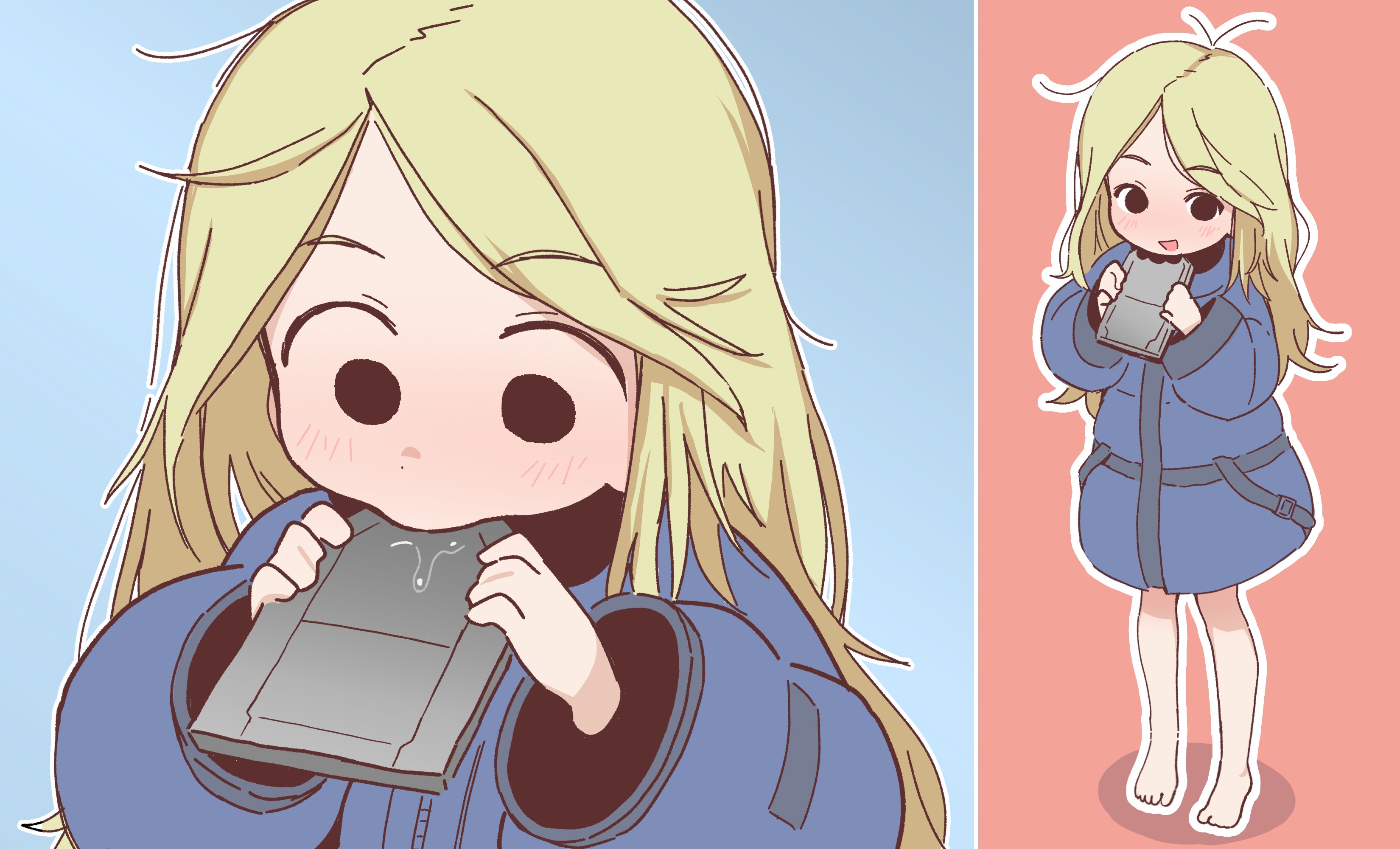 Safebooru 1girl Absurdres Ahoge Barefoot Biting Blonde Hair Blue 7842