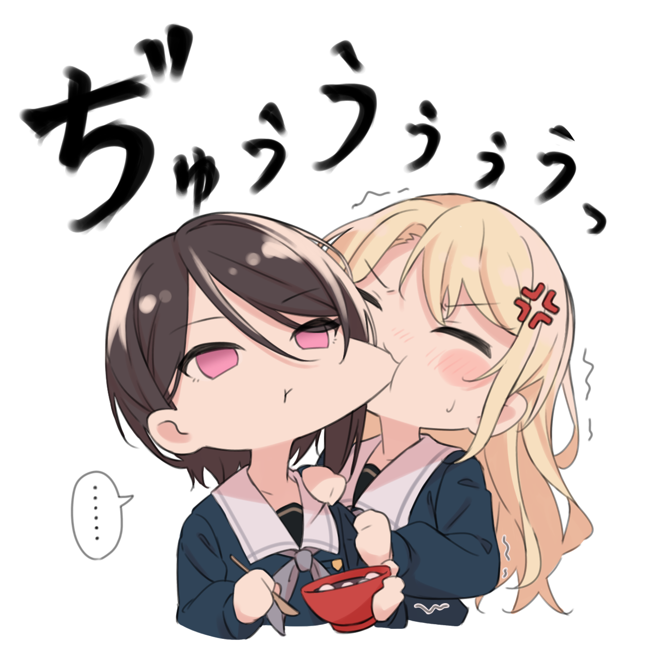 Safebooru - 2girls anger vein bang dream! biting biting cheek black hair blonde hair blue shirt ...
