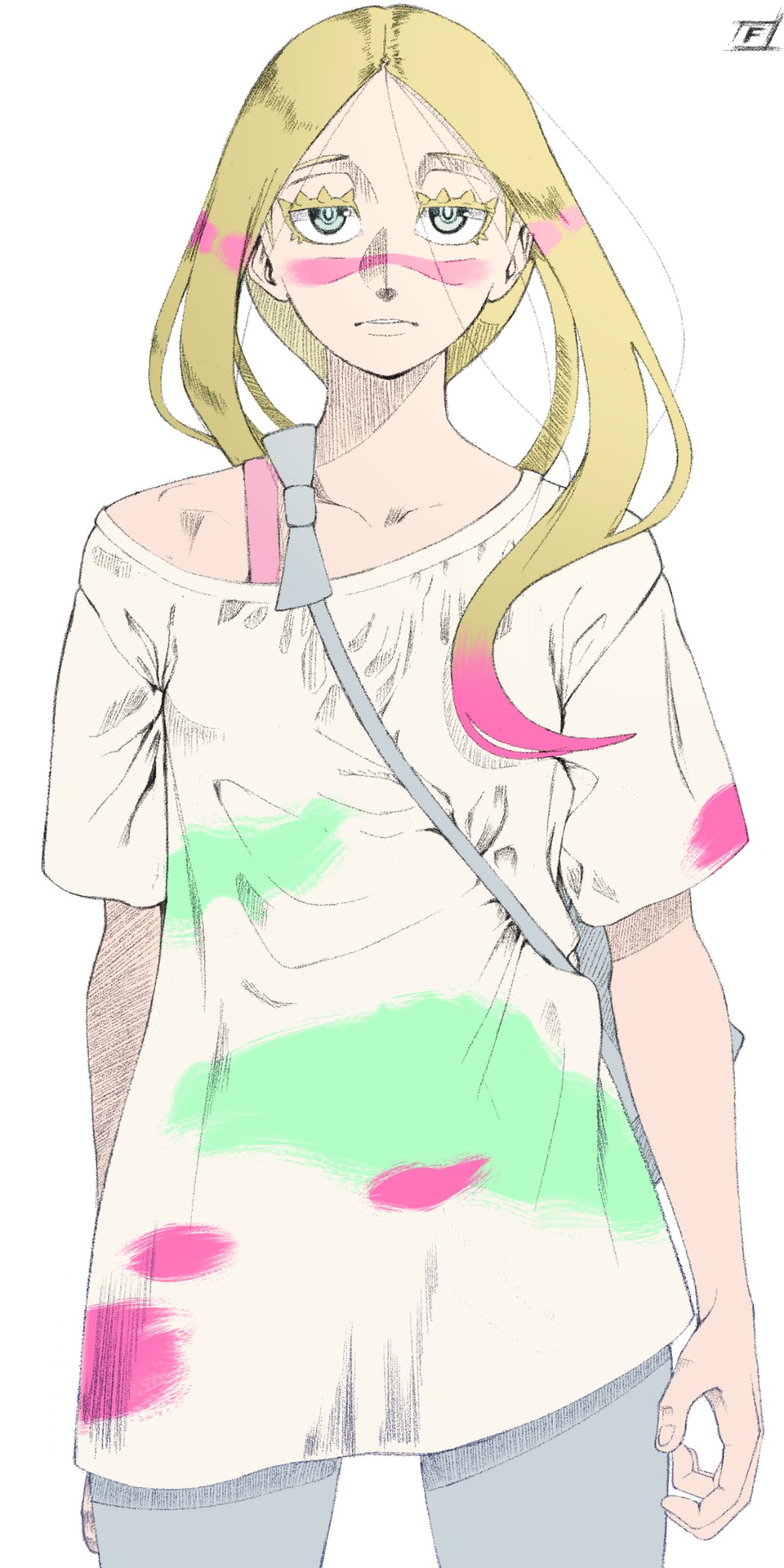 Safebooru - artist logo blonde hair blue eyes collarbone cowboy shot highres logo looking at ...