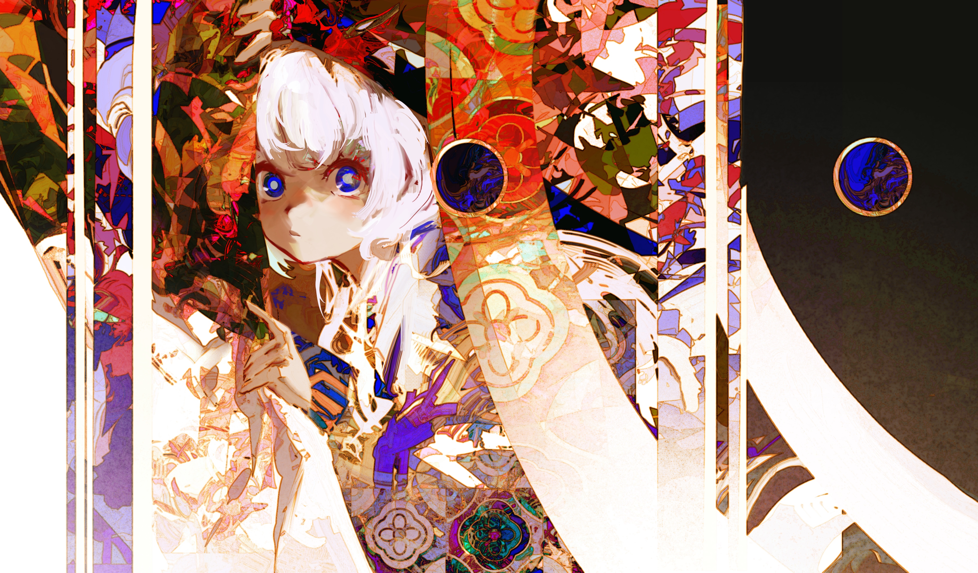 Safebooru - 1girl abstract background absurdres blue eyes blush colorful hat highres kevin adi ...