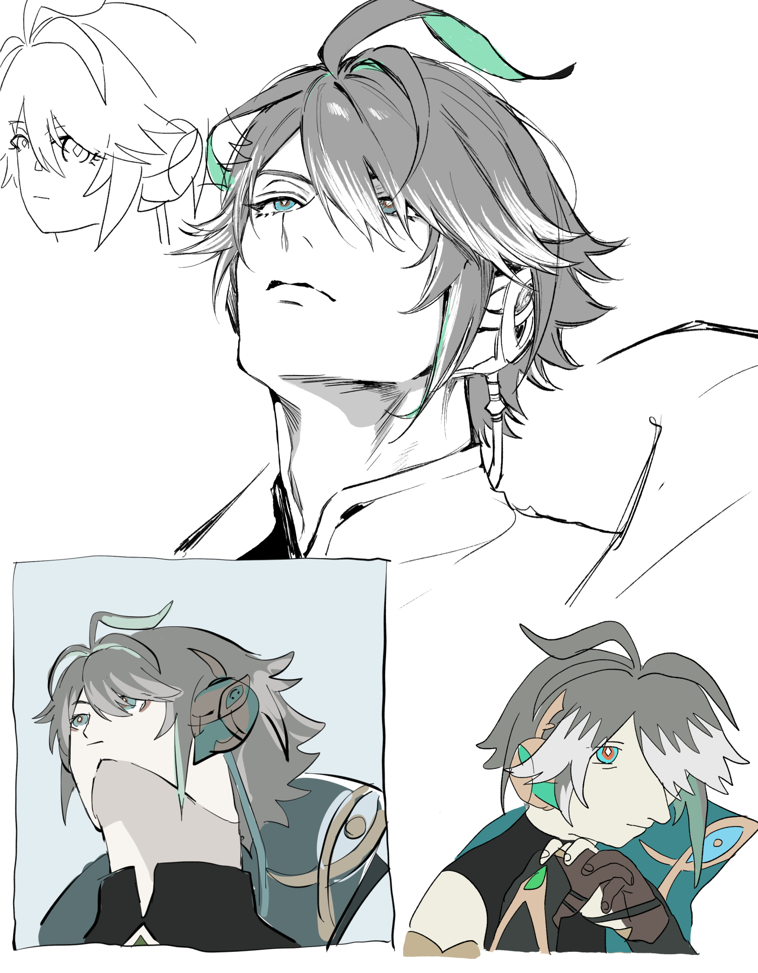 Safebooru - 1boy ahoge alhaitham (genshin impact) aqua hair bare ...