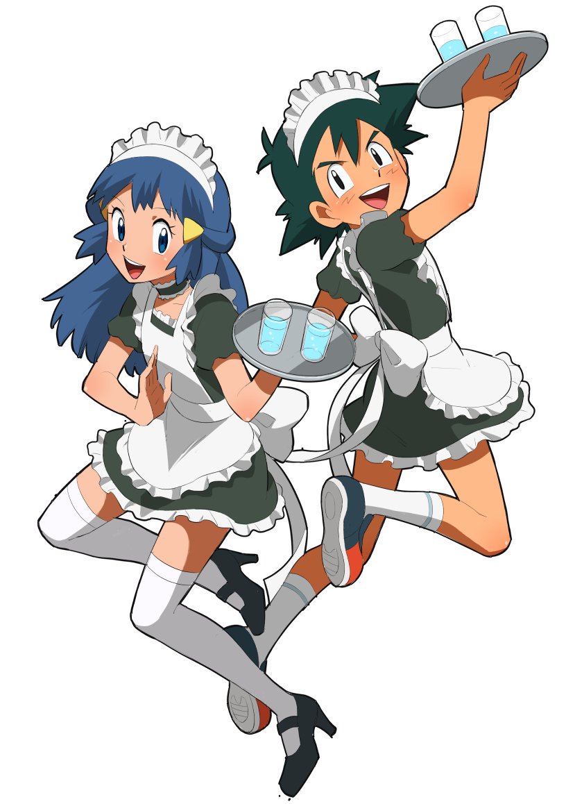 Safebooru - 1boy 1girl alternate costume apron black eyes black hair blue eyes blue hair djmn c ...