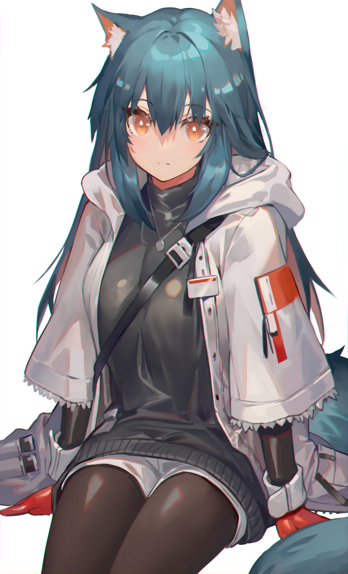 Safebooru - 1girl akizone animal ears arknights black legwear blue hair breasts eyebrows visible ...