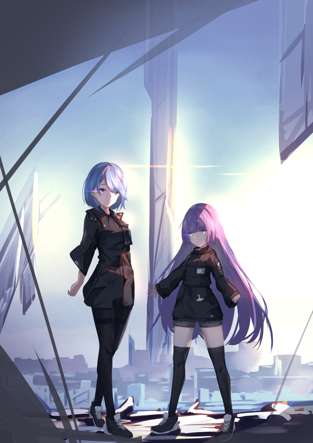 Safebooru - 1girl 2girls alternate costume azur lane black jacket black legwear blue eyes ...