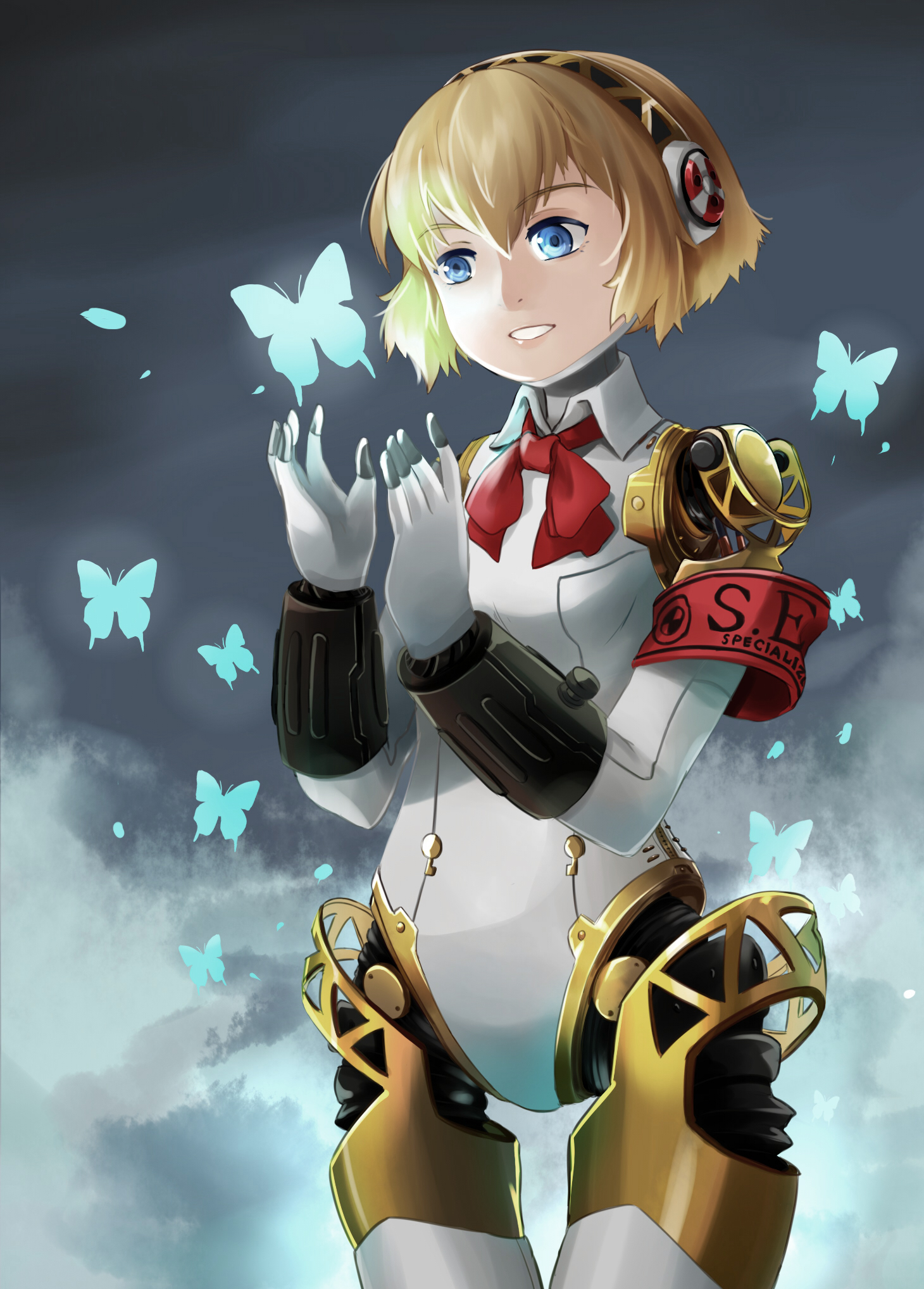 Safebooru - 1girl aegis (persona) android blonde hair blue eyes bow bug butterfly highres insect ...