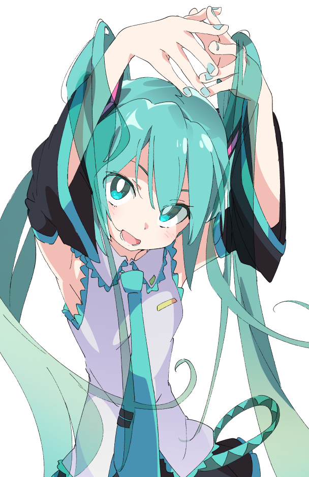 Safebooru - 1girl aqua eyes aqua hair aqua nails aqua neckwear armpits arms up detached sleeves ...