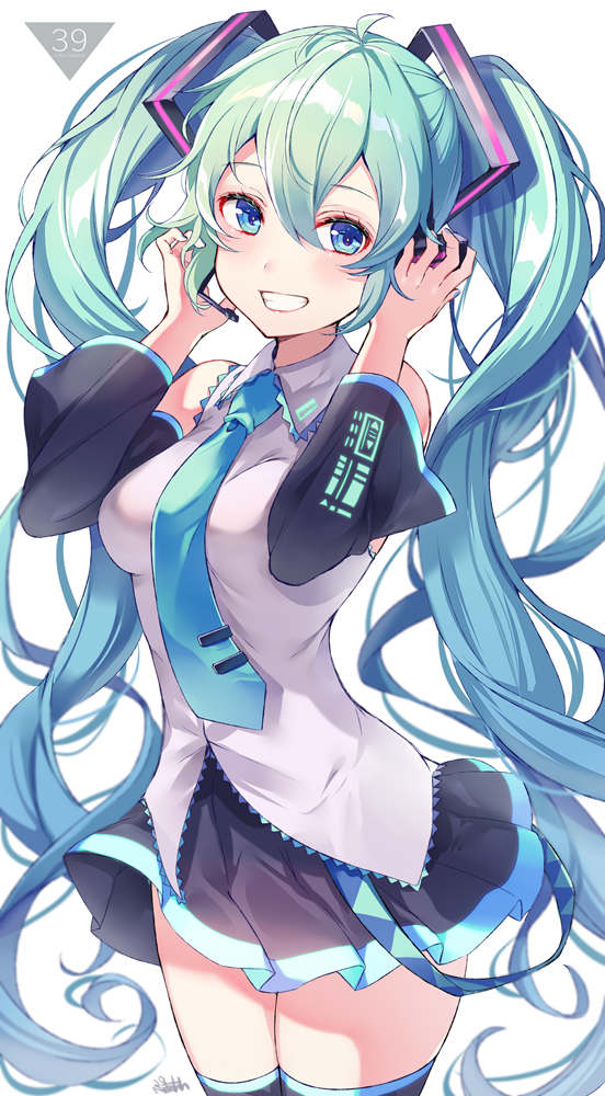 Safebooru - 1girl :d ahoge aqua nails arms up bangs bare shoulders between breasts black legwear ...