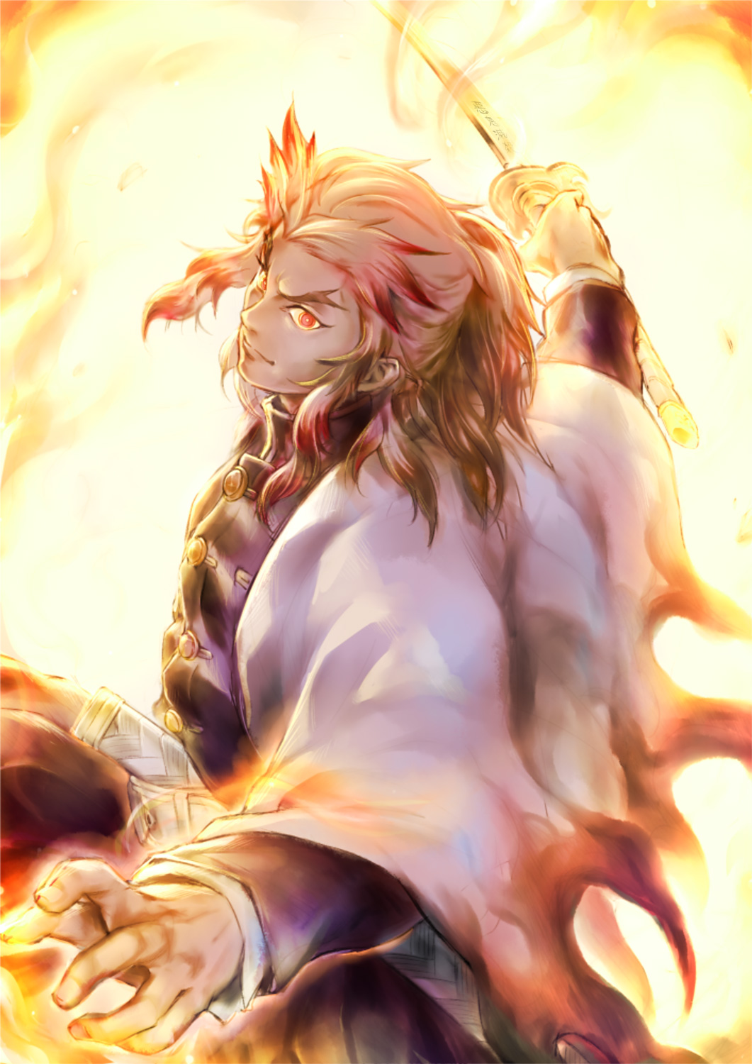 Safebooru - 1boy black jacket black pants blonde hair fire haori ...