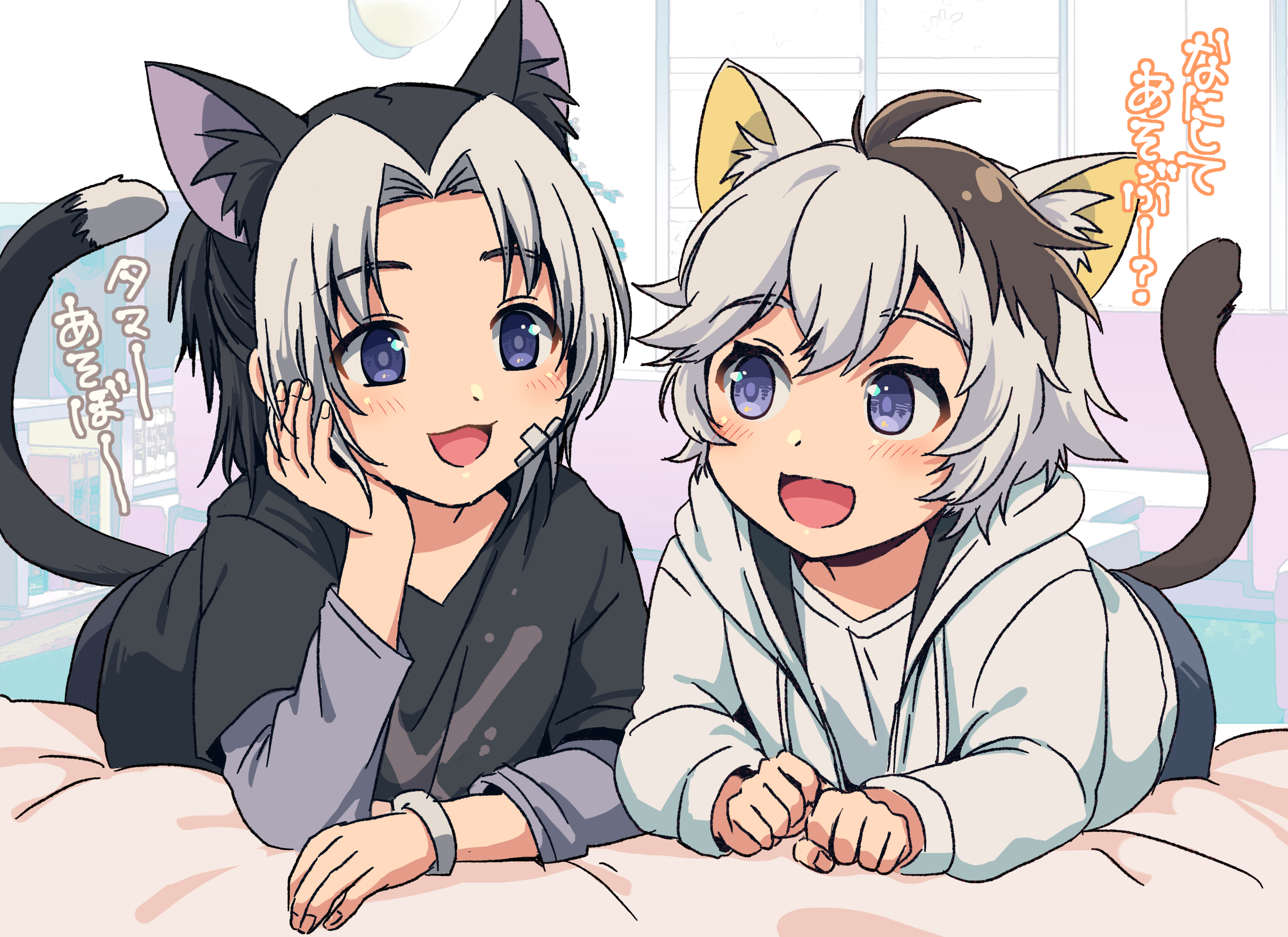 Safebooru - 2boys animal ears blue eyes blush brown hair cat boy cat ears eye contact highres ...