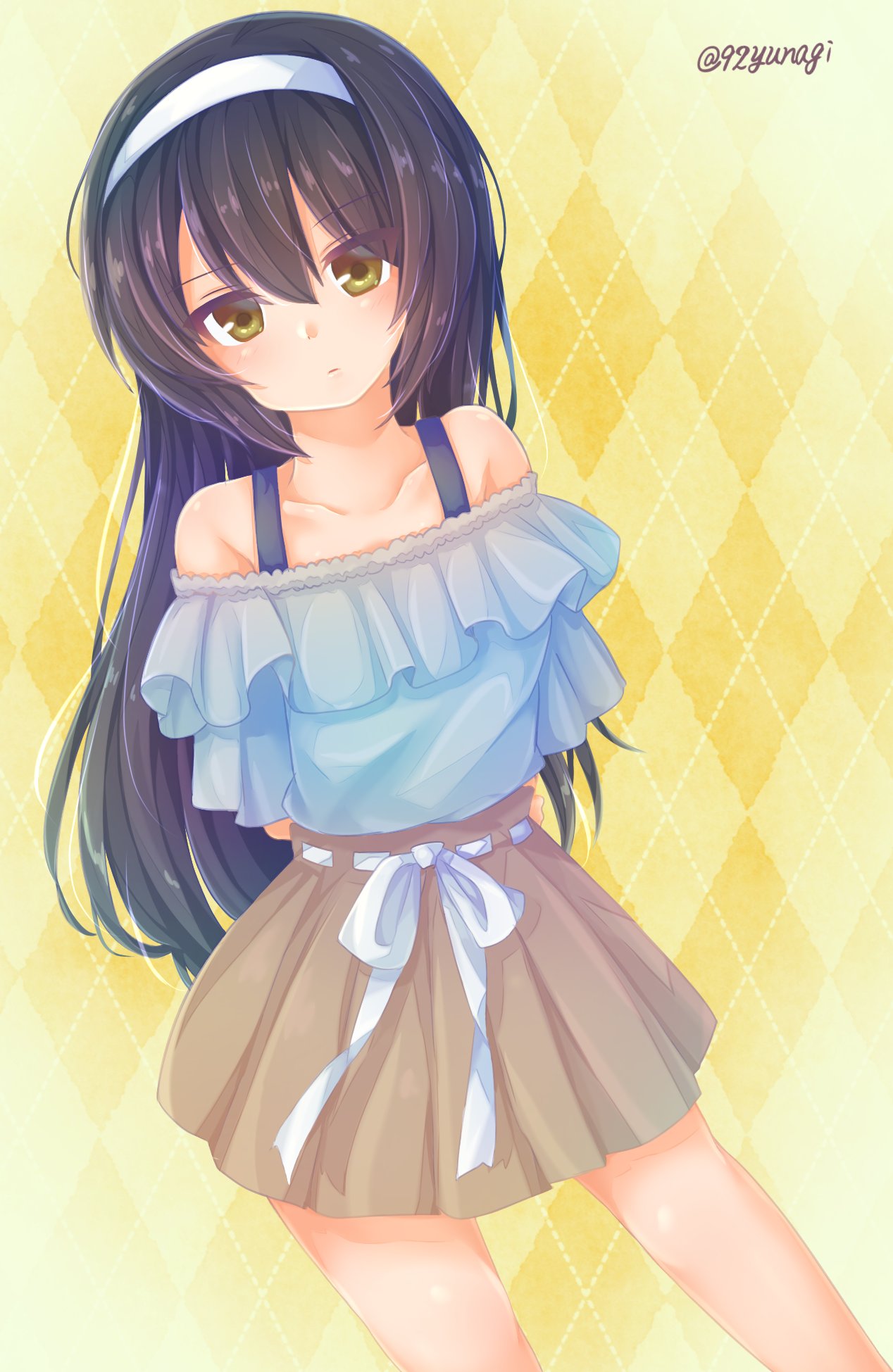 Safebooru - 1girl argyle argyle background arms behind head bangs black hair blue shirt brown ...