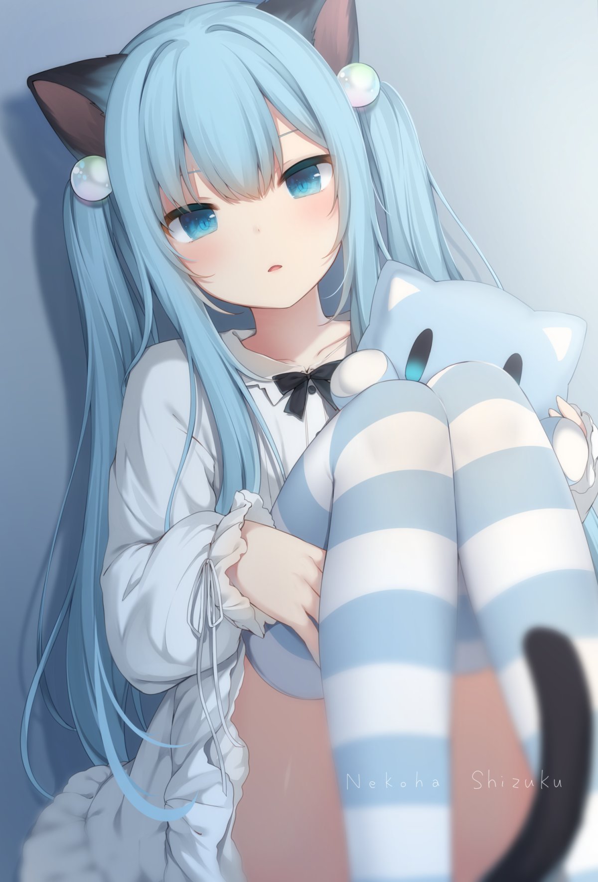 Safebooru - 1girl amashiro natsuki animal ears bangs black bow blue eyes blue hair blurry blurry ...