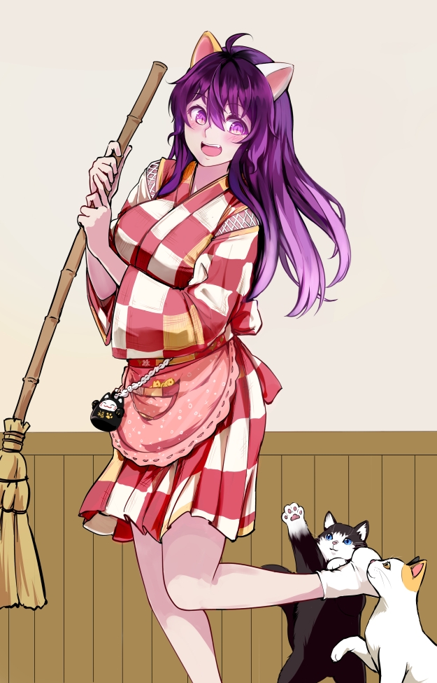 Safebooru - 1girl :d ahoge animal ears beifeng han breasts broom cat cat ears chinese commentary ...