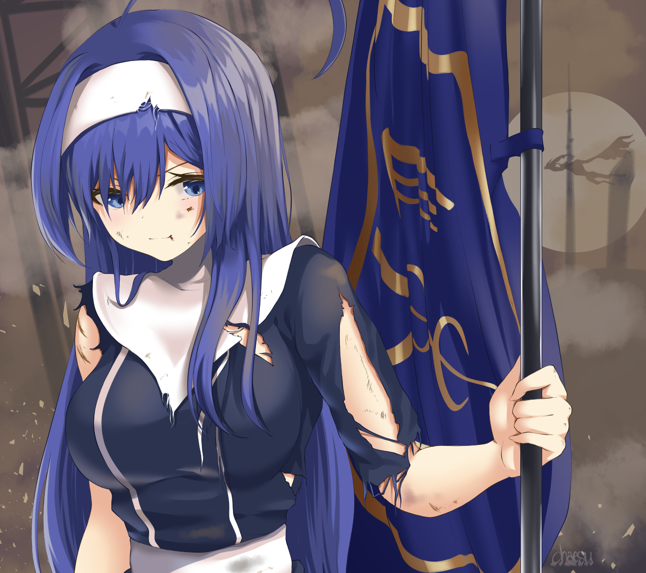 Safebooru - 1girl after battle ahoge battle damage blood blood from mouth blue eyes blue hair ...