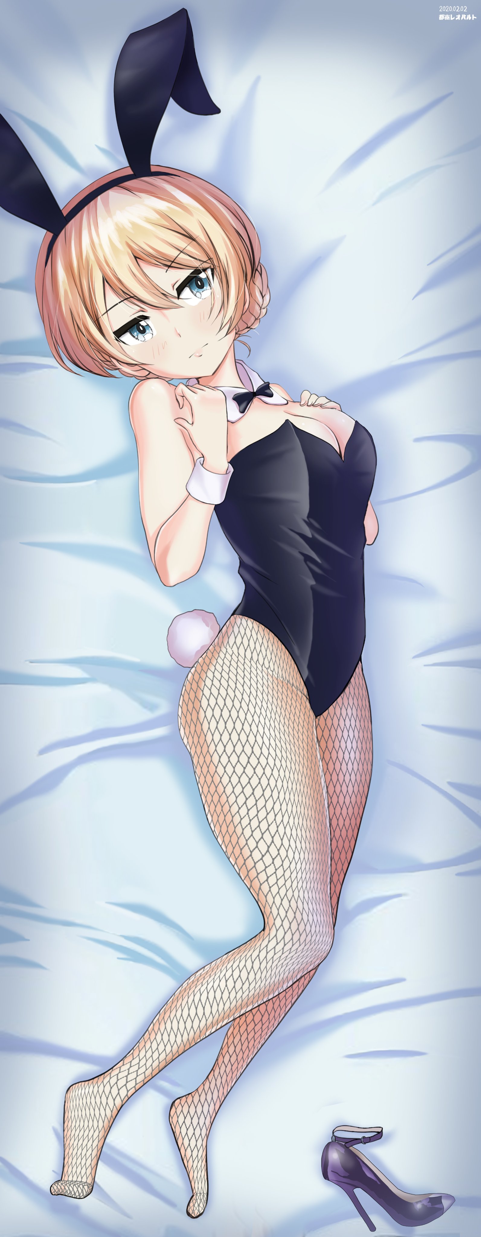 Safebooru - 1girl absurdres animal ears artist name bangs bed sheet black footwear black legwear ...