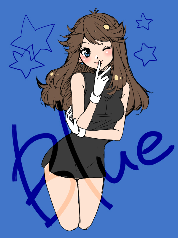 Safebooru - 1girl black dress blue (pokemon) blue background blue eyes breasts brown hair ...