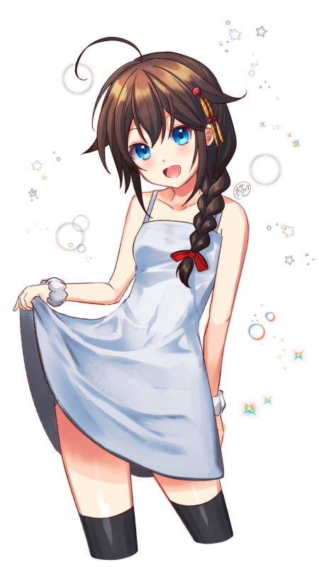 Safebooru - 1girl black legwear blue eyes blush braid brown hair dress grey dress hair flaps ...
