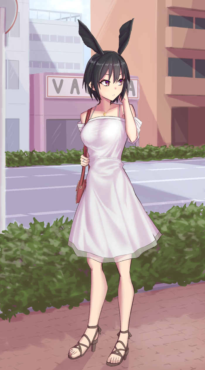 Safebooru - 1girl adjusting hair bag bare shoulders black hair breasts building bush city ...