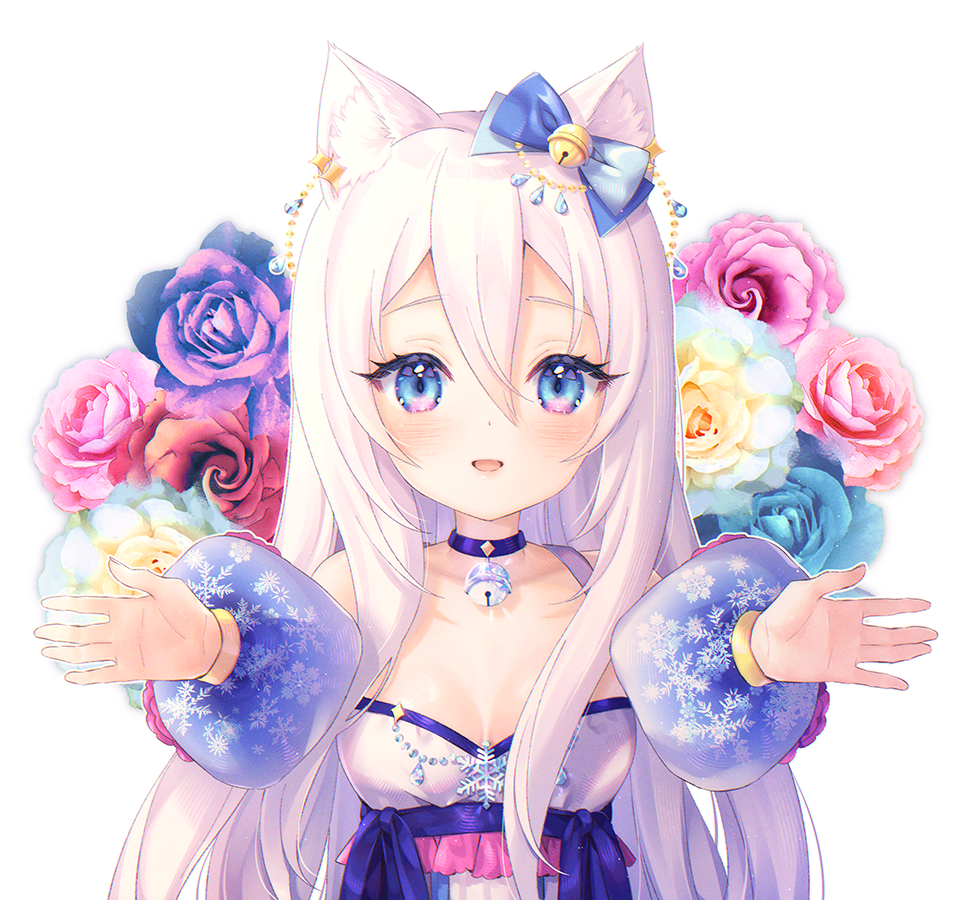 Safebooru - 1girl :d animal ear fluff animal ears bangs bare shoulders bell bell choker blue ...