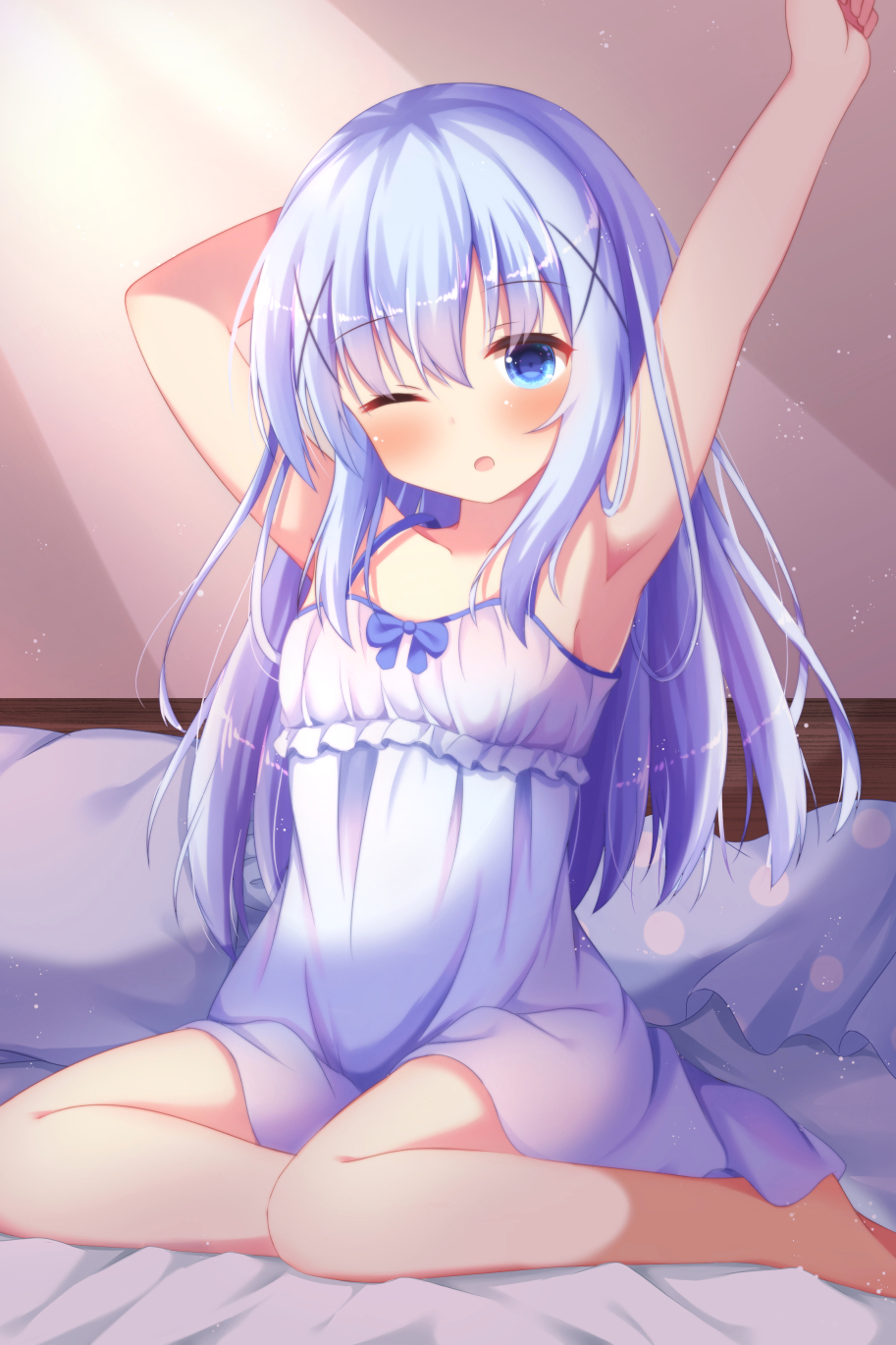 Safebooru - 1girl armpits arms up bangs bare arms bare shoulders barefoot blue bow blue eyes ...