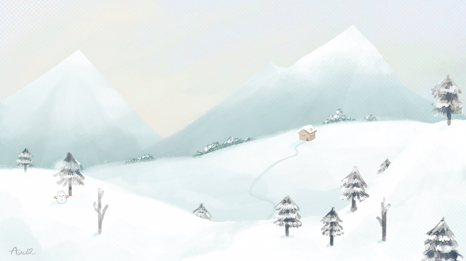 Safebooru - ayu (mog) day grey background hill house landscape mountain ...