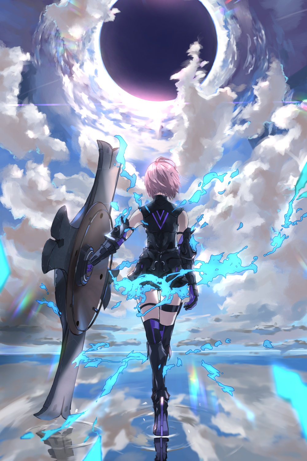 Safebooru - 1girl armor armored dress aura bare shoulders black gloves blue sky boots clouds ...