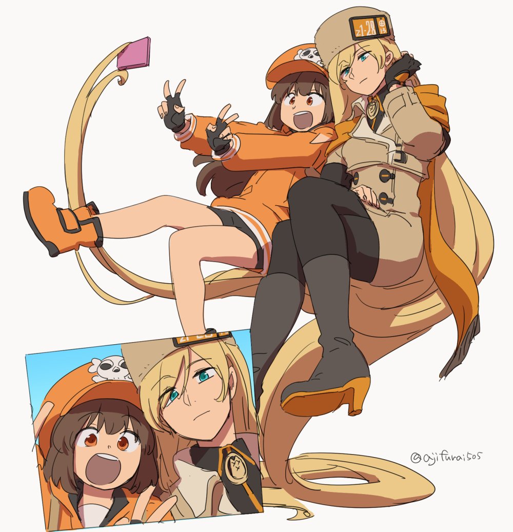 Safebooru - 2girls :d asaya minoru bangs bike shorts black footwear black gloves black legwear ...