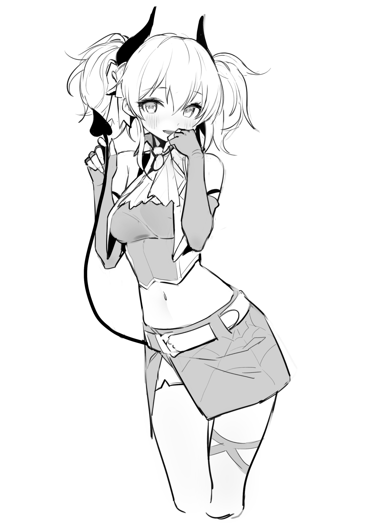 Safebooru - 1girl ascot bangs bare shoulders belt blush breasts covering mouth demon girl demon ...