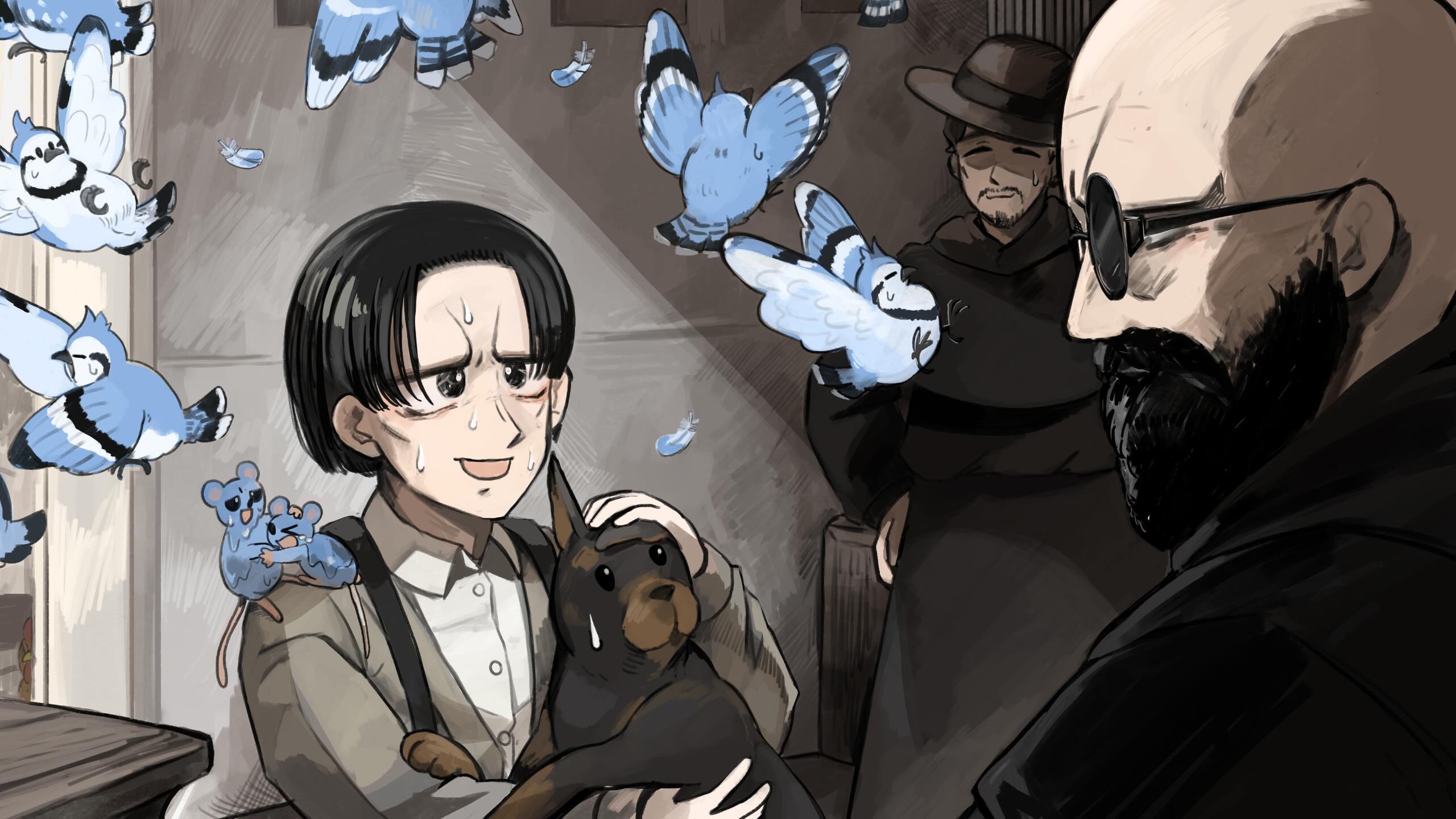 Safebooru - 3boys :d aged down bald beard bird black hair blue jay ...