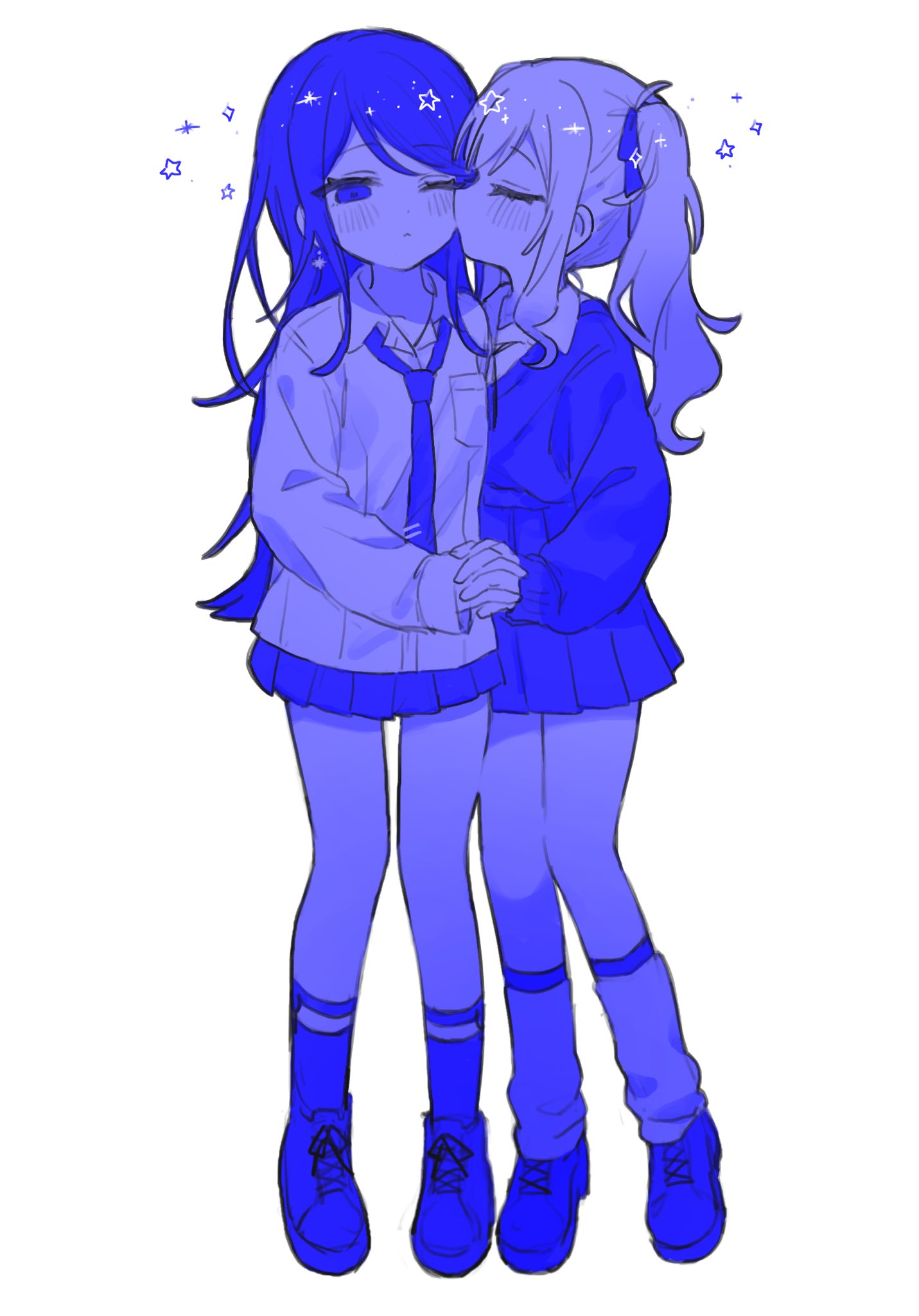 Safebooru - 2girls blue theme blush closed eyes closed mouth collared ...