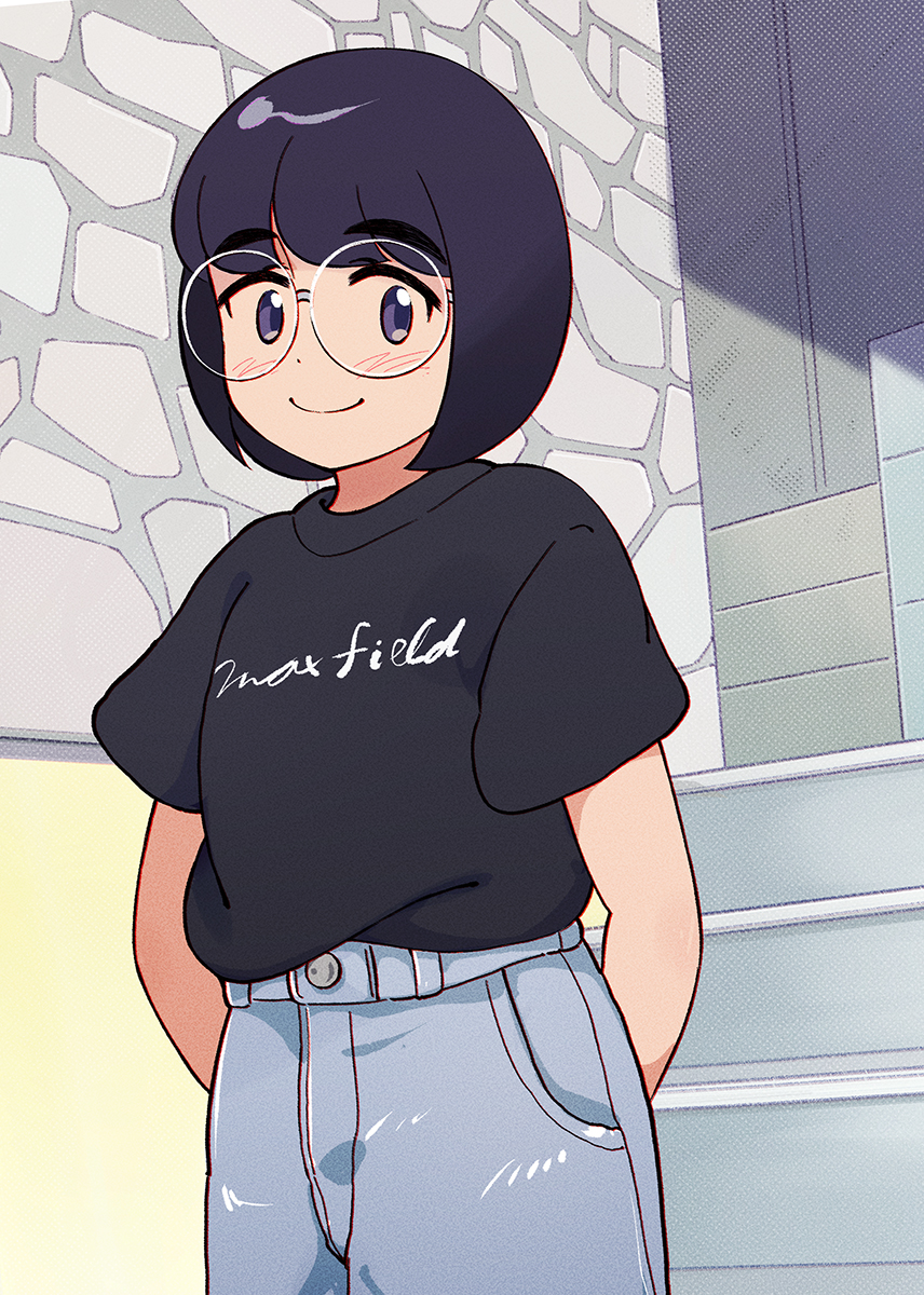 Safebooru - 1girl 49s-aragon arms behind back bangs black hair black shirt blush clothes writing ...