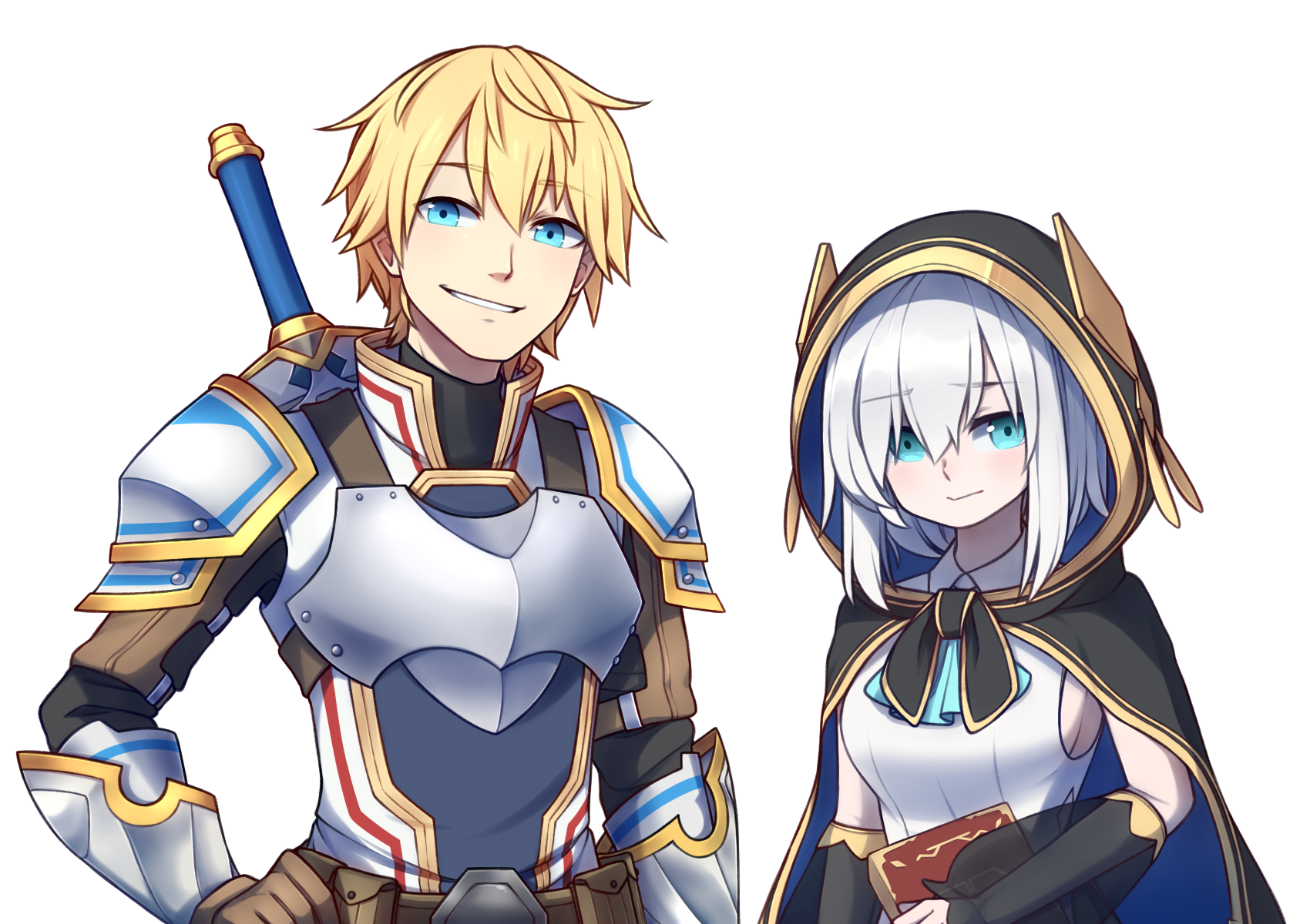 Safebooru - 1boy 1girl aqua eyes armor ars almal ascot bangs belt pouch black cape blonde hair ...