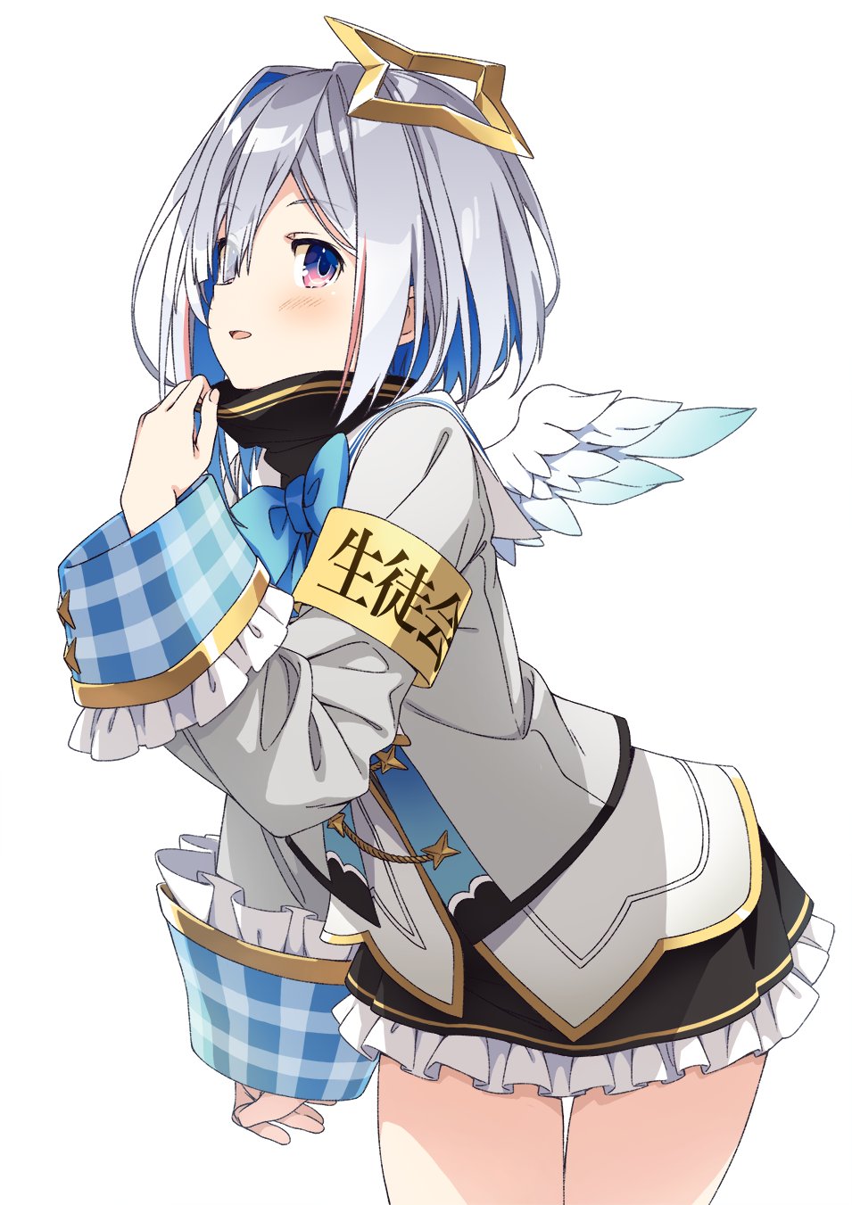 Safebooru - 1girl adjusting collar amane kanata angel wings armband black skirt blue neckwear ...