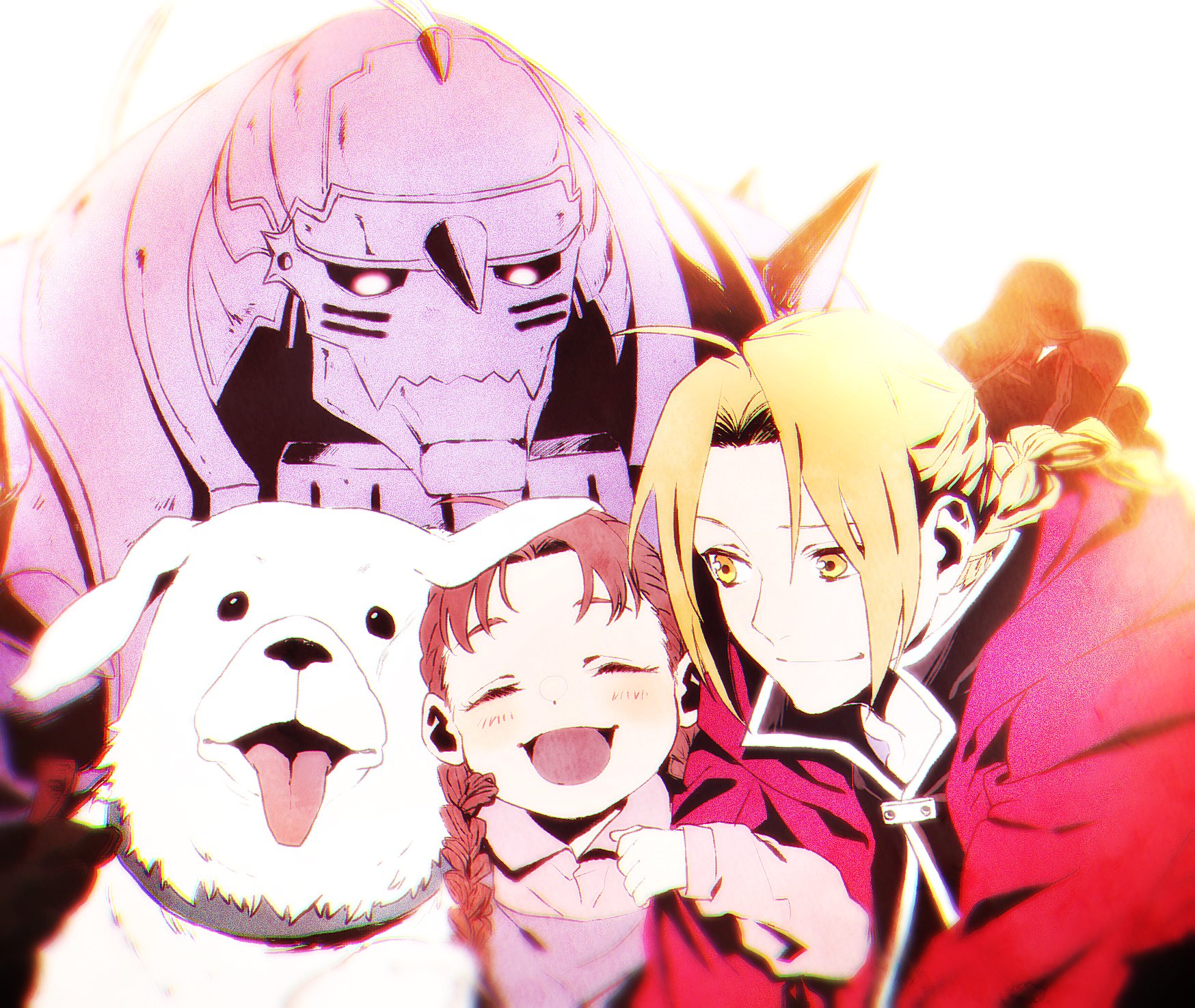 Safebooru - 1girl 2boys :d ^ ^ alexander (fma) alphonse elric animal armor backlighting black ...