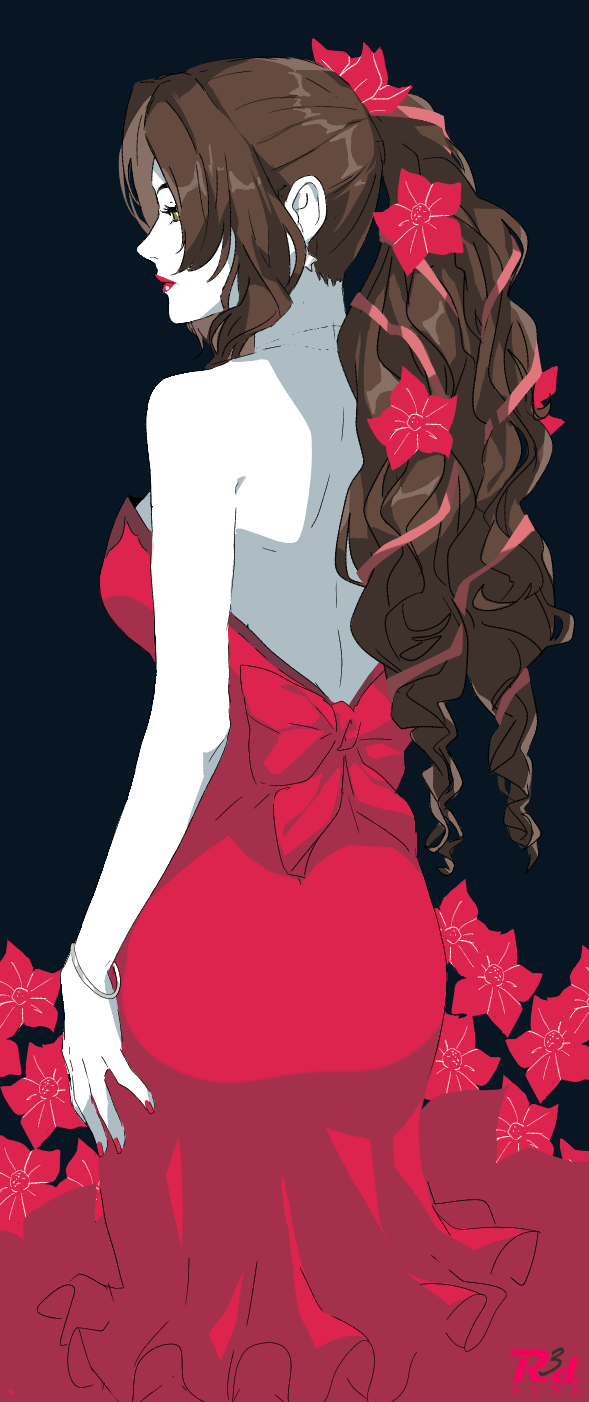 Safebooru - 1girl aerith gainsborough back bangs bare shoulders black background bracelet brown ...