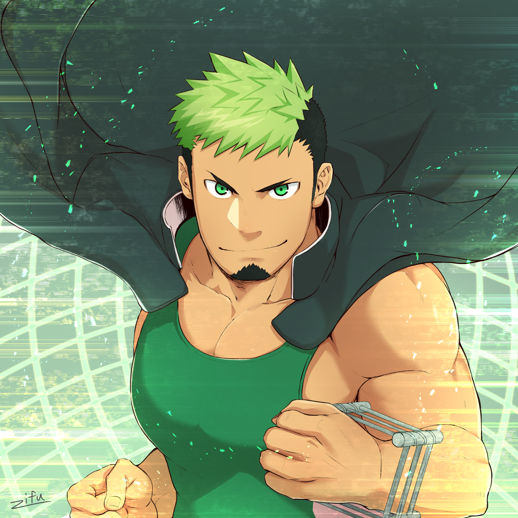 Safebooru - 1boy abs bara beard chest clenched hands dark skin facial hair green eyes green tank ...