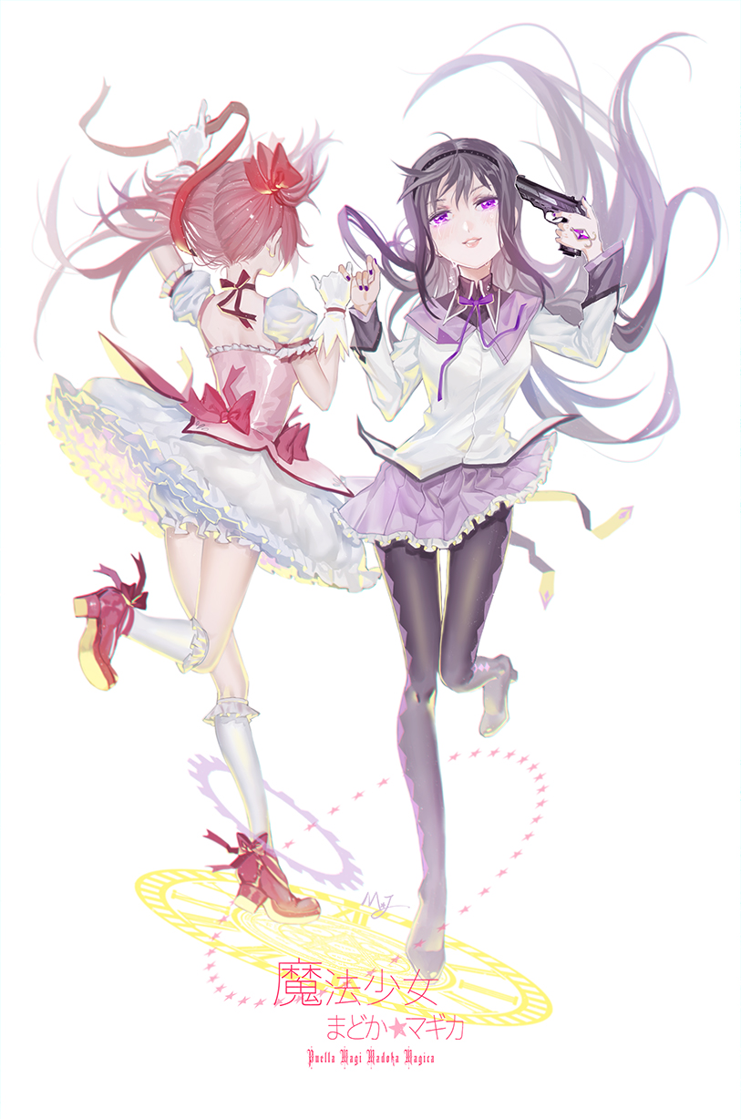 Safebooru - 2girls akemi homura analog clock ankle ribbon argyle argyle legwear back black hair ...