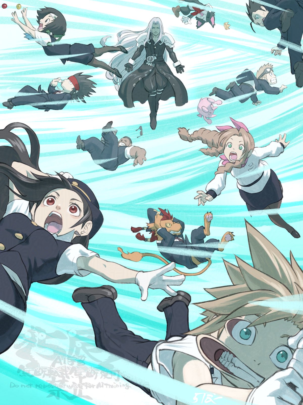 Safebooru - 3girls 5tatsu 6+boys aerith gainsborough arm cannon barret ...